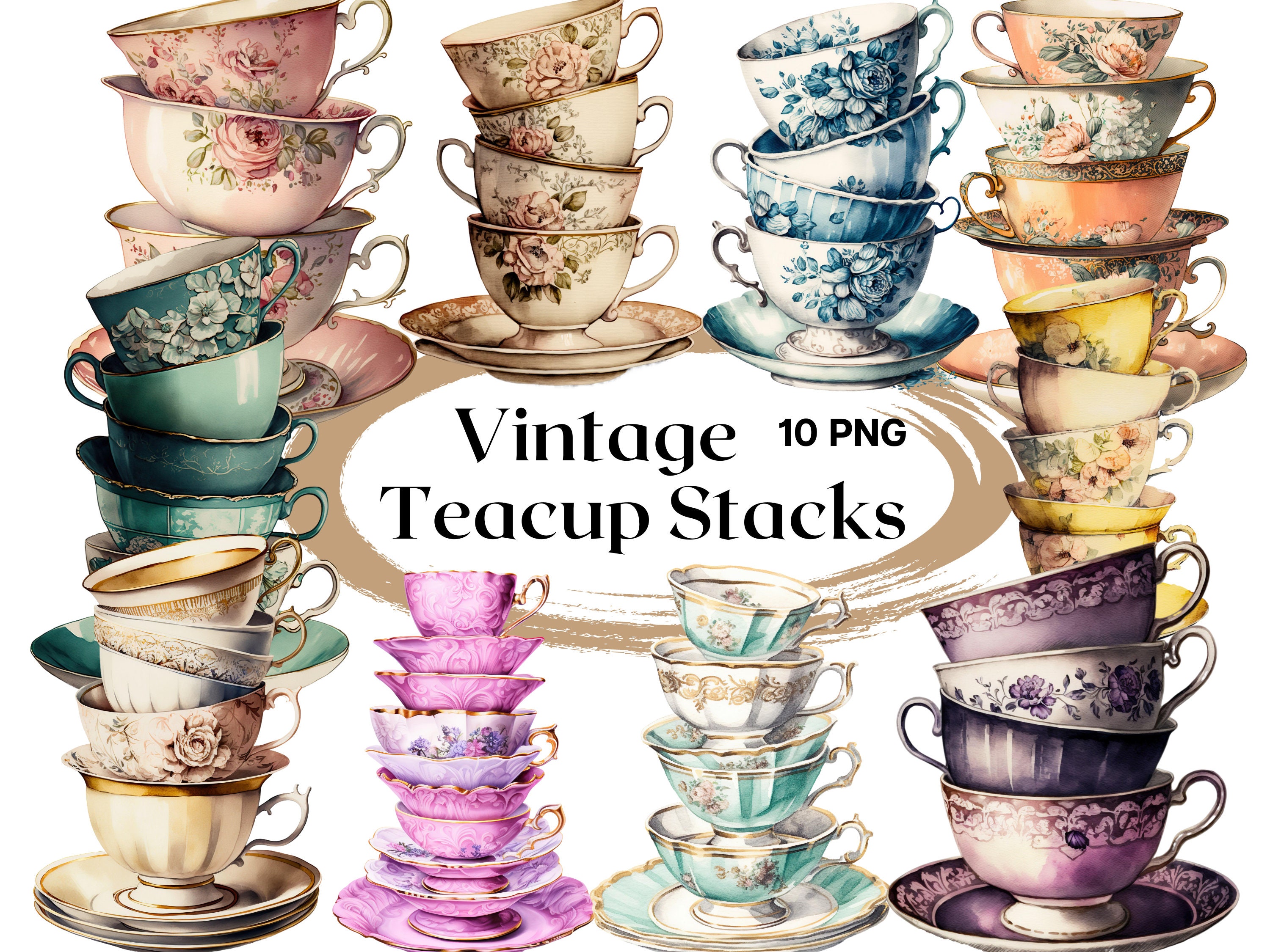 Watercolor Vintage Teacup Clipart 10 PNG Files Antique Tea Time Clipart ...