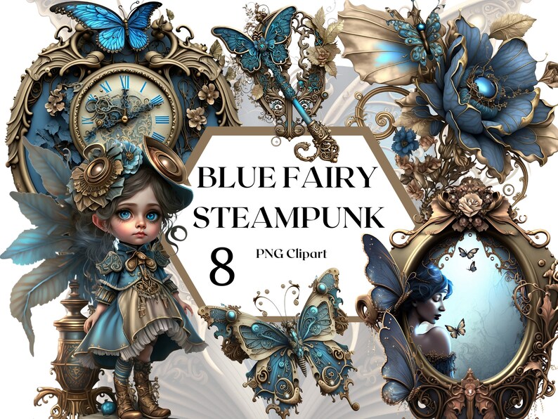 Steampunk Fairy Tale Blue Clipart 8 PNG Files Royal Fantasy Clipart Key ...