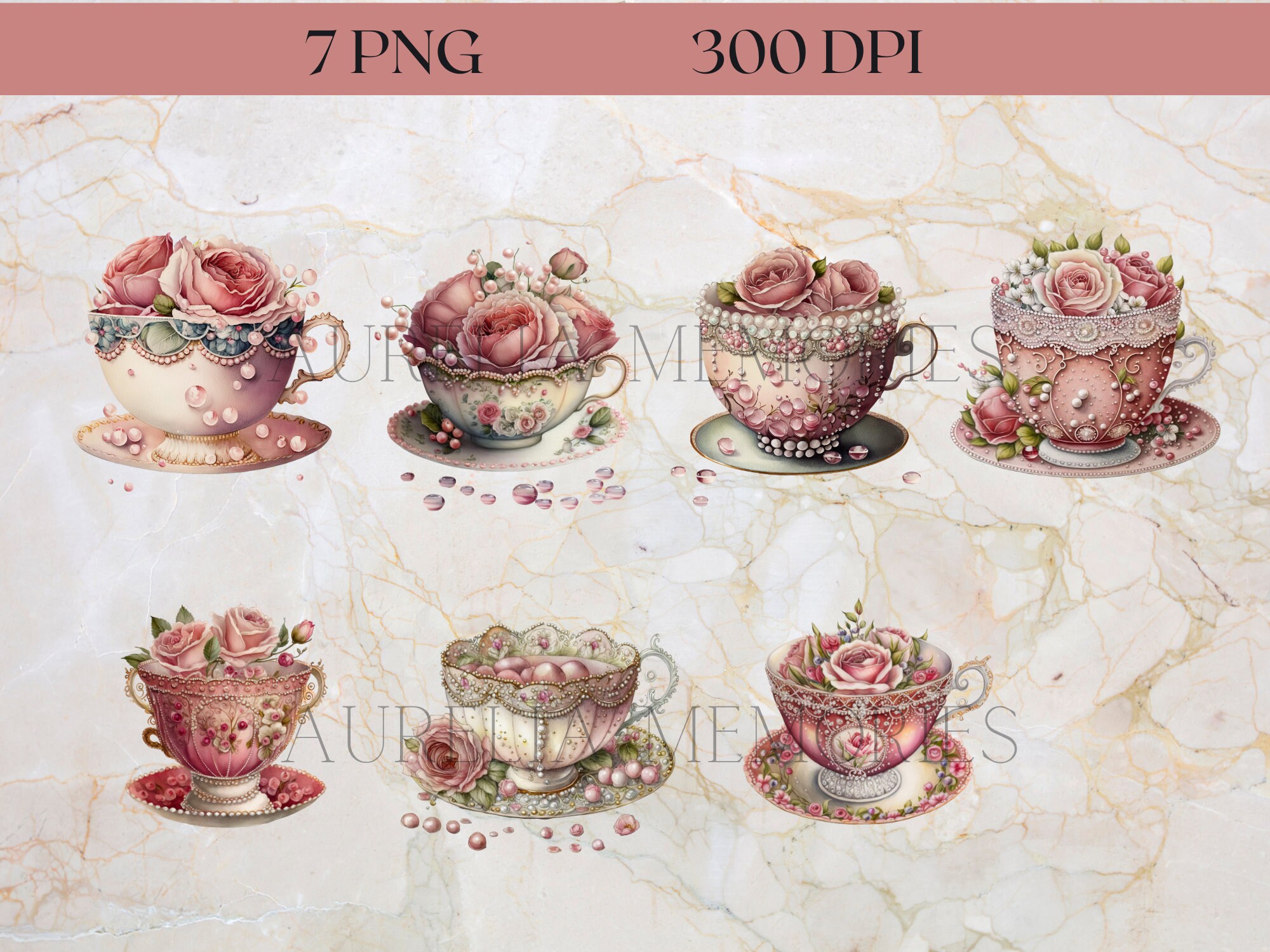 Pearls Roses Teacup Watercolor Clipart 7 High Quality PNG Files Pink ...