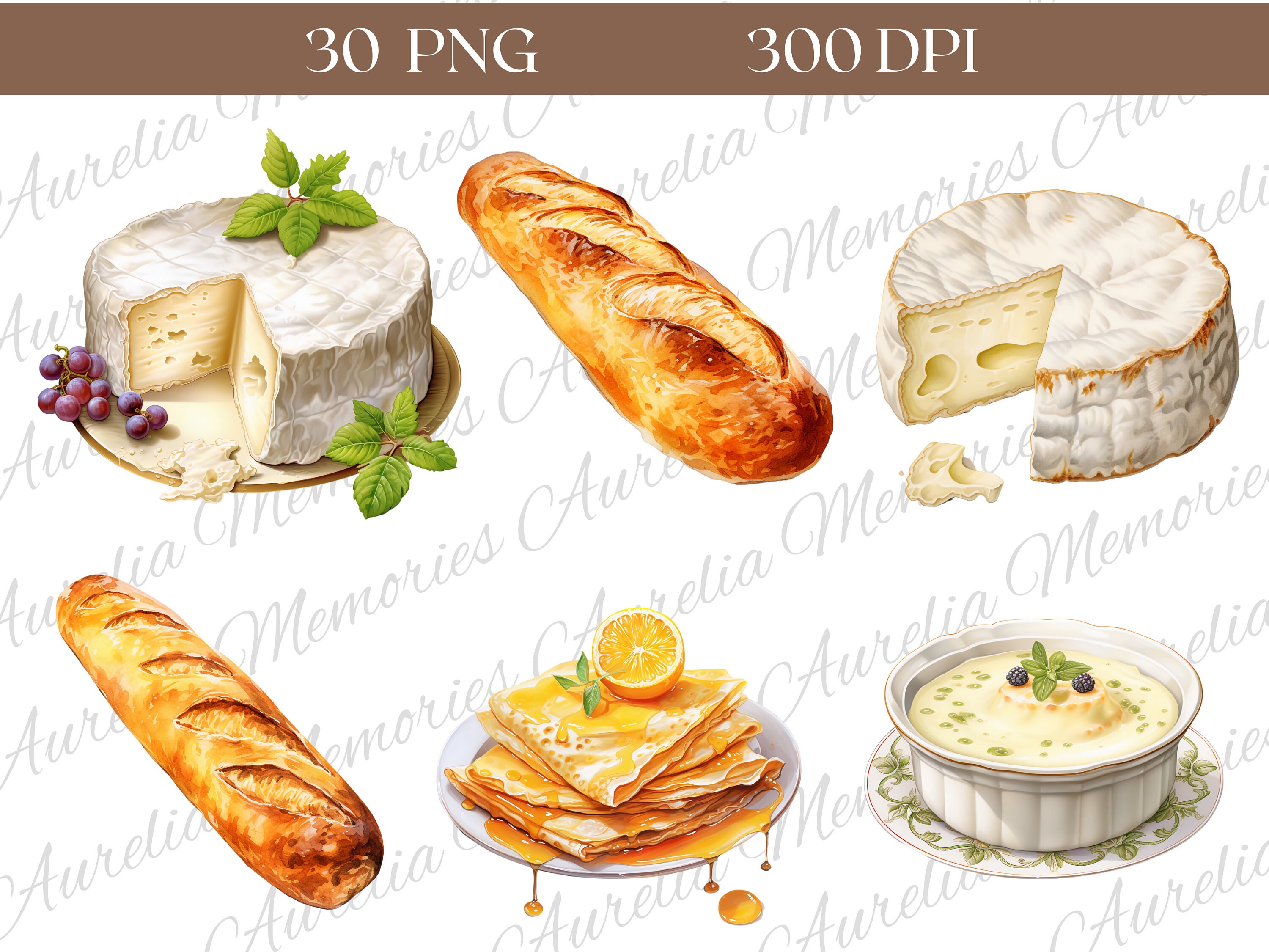 Watercolor French Food Clipart 30 PNG Files French Specialties Baguette ...