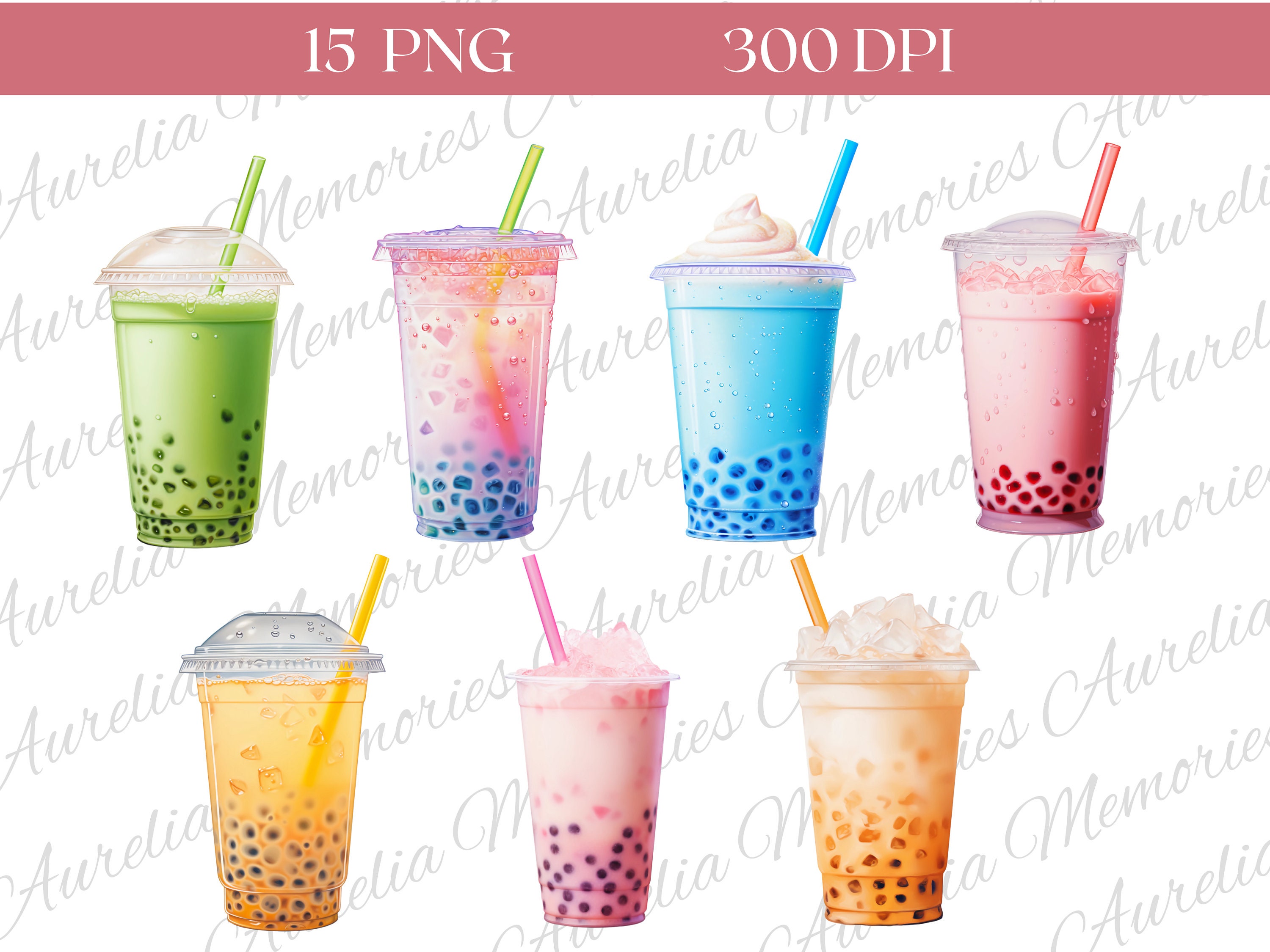 Watercolor Bubble Tea Clipart 15 PNG Files Kawaii Boba Tea Milk Tea ...