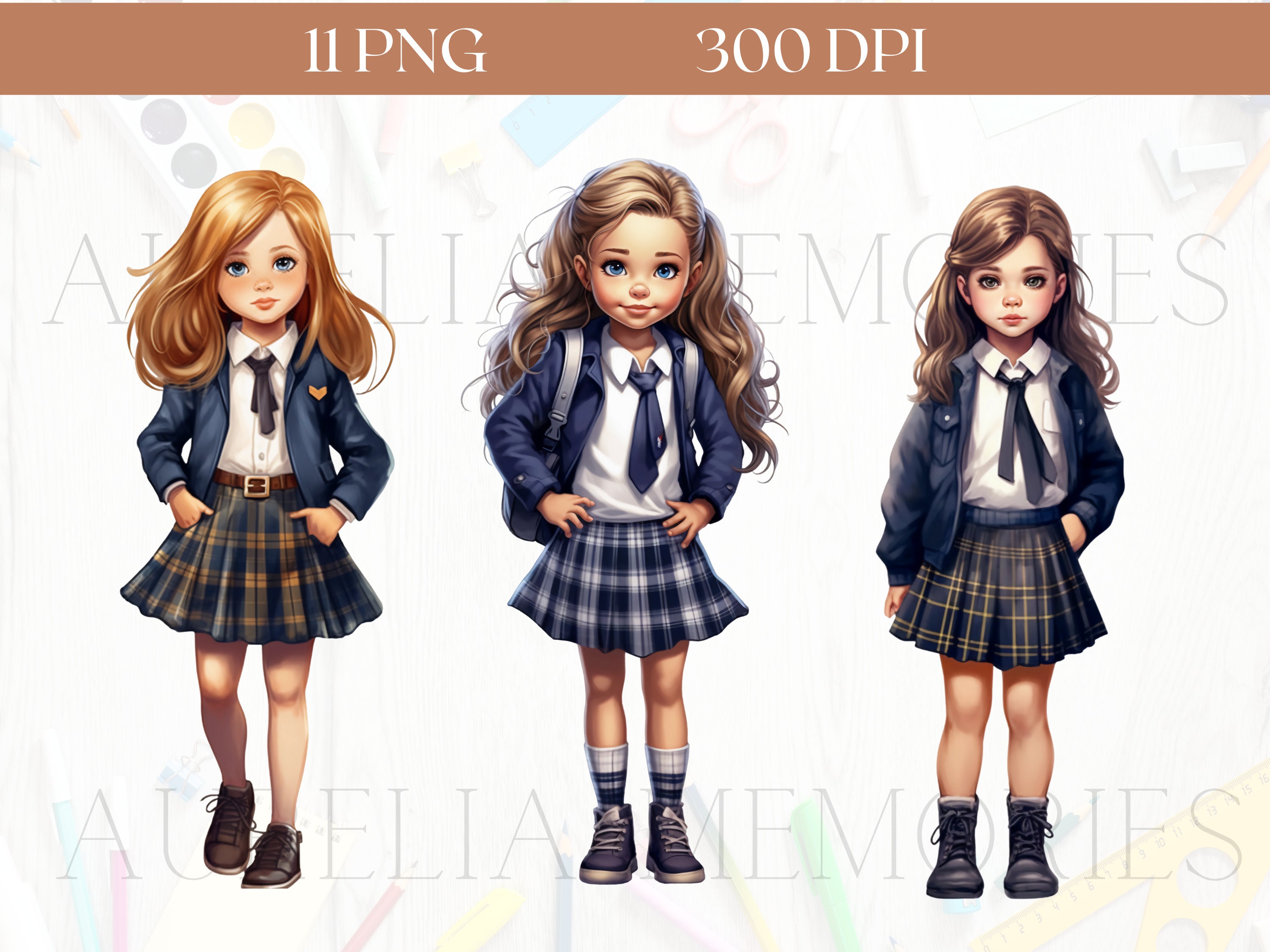 School Girl Watercolor Clipart 11 PNG Files Cute Blue School Uniform ...