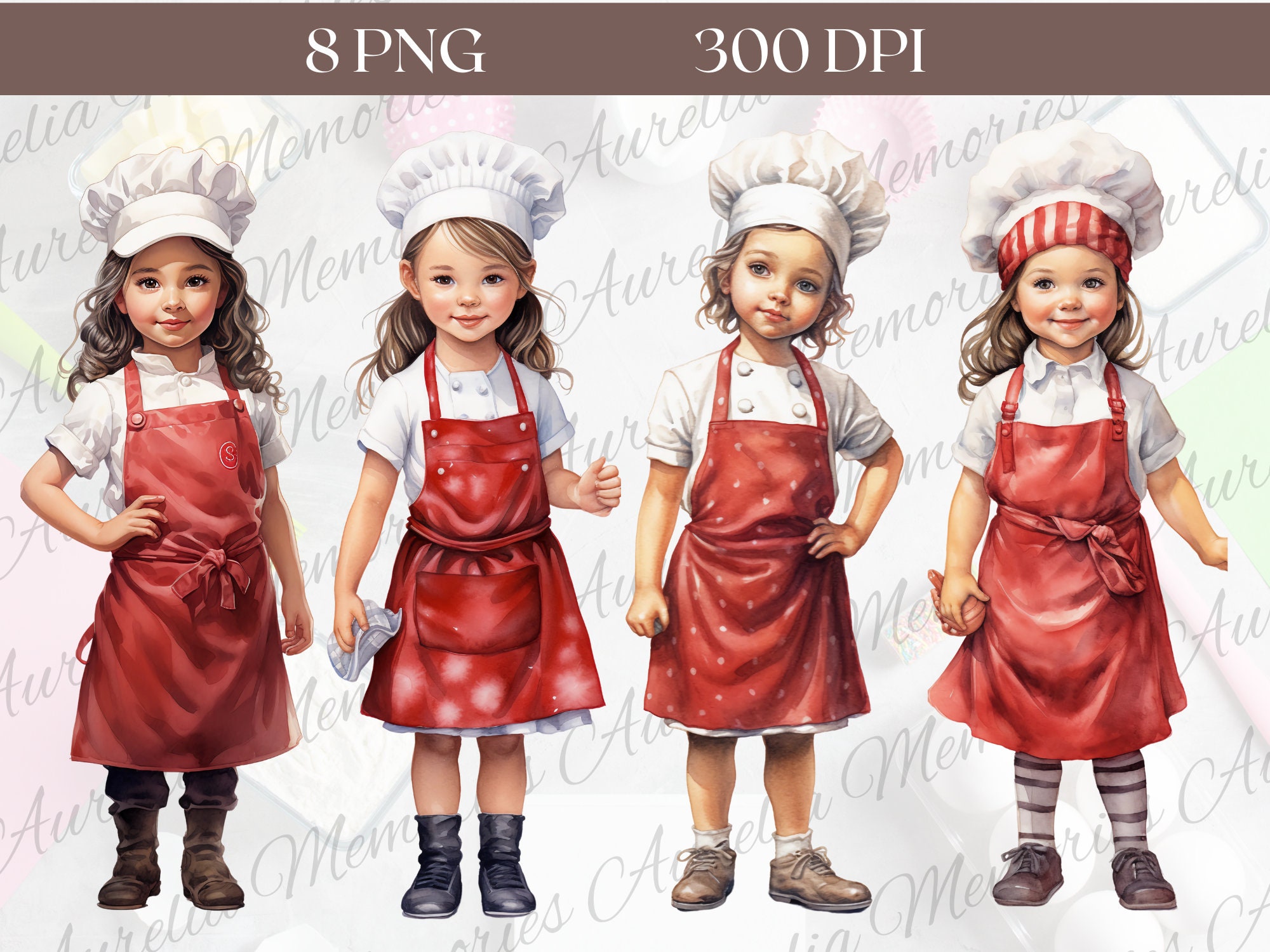 Cute Little Chef Clipart 8 PNG Files Watercolor Chef Girl Wearing Red ...