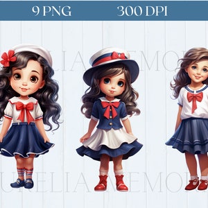 Nautical Little Girl Clipart Watercolor 9 PNG Files Anchor Summer Blue ...