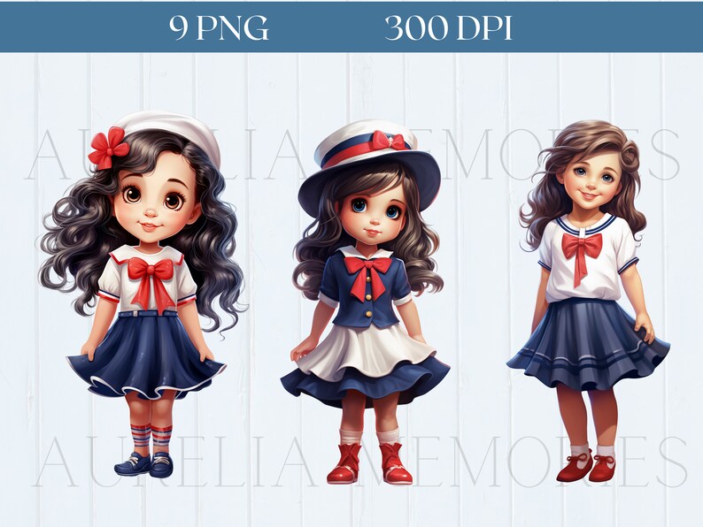 Nautical Little Girl Clipart Watercolor 9 PNG Files Anchor Summer Blue ...
