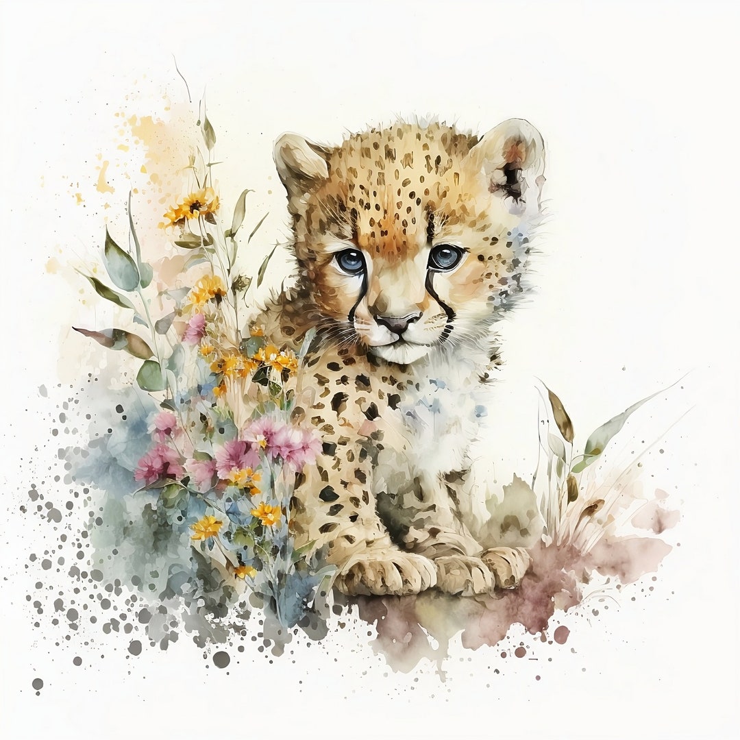 Leopard in Flowers Watercolor Clipart Digital Download File for Wall ...