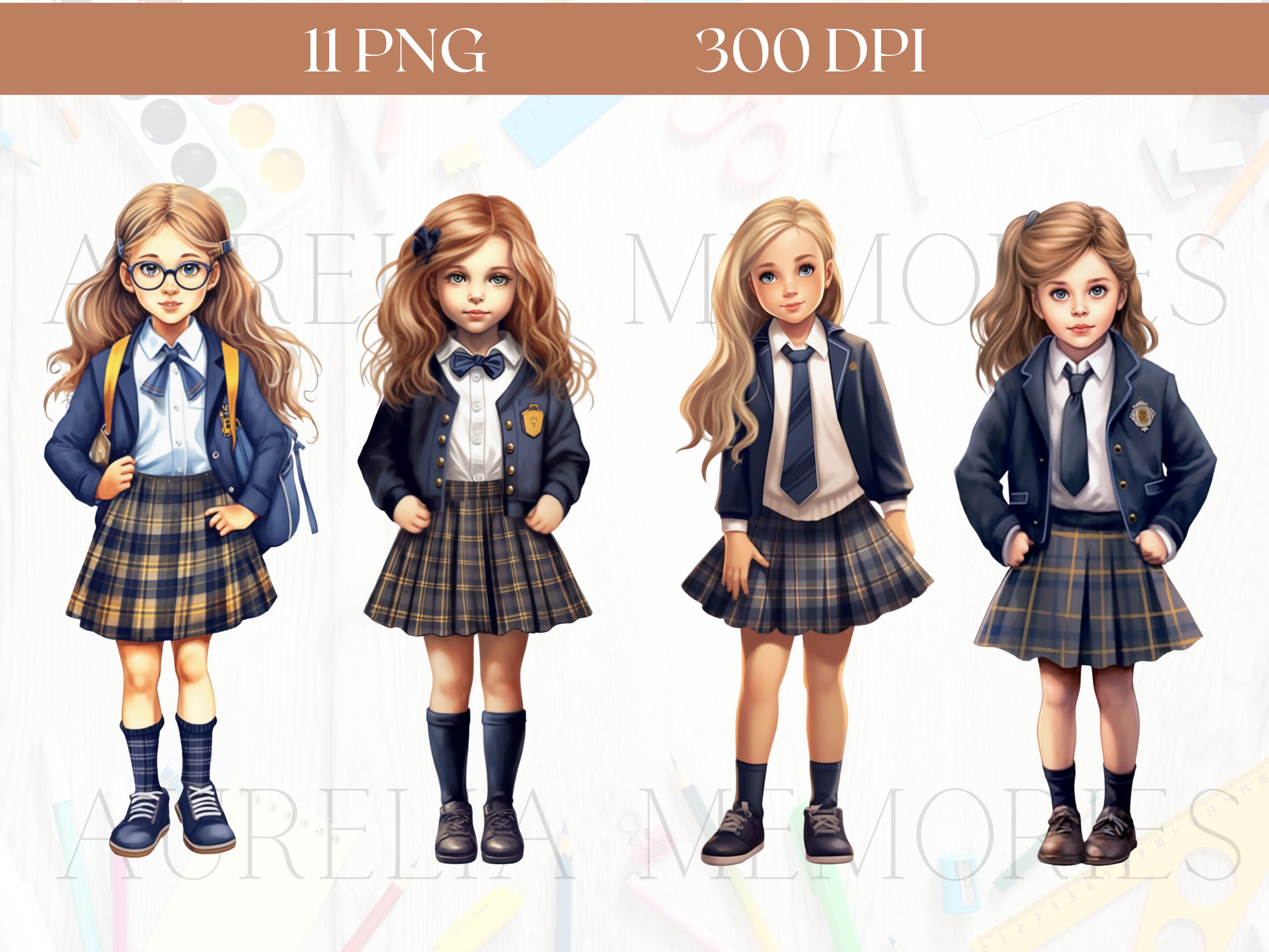 School Girl Watercolor Clipart 11 PNG Files Cute Blue School Uniform ...