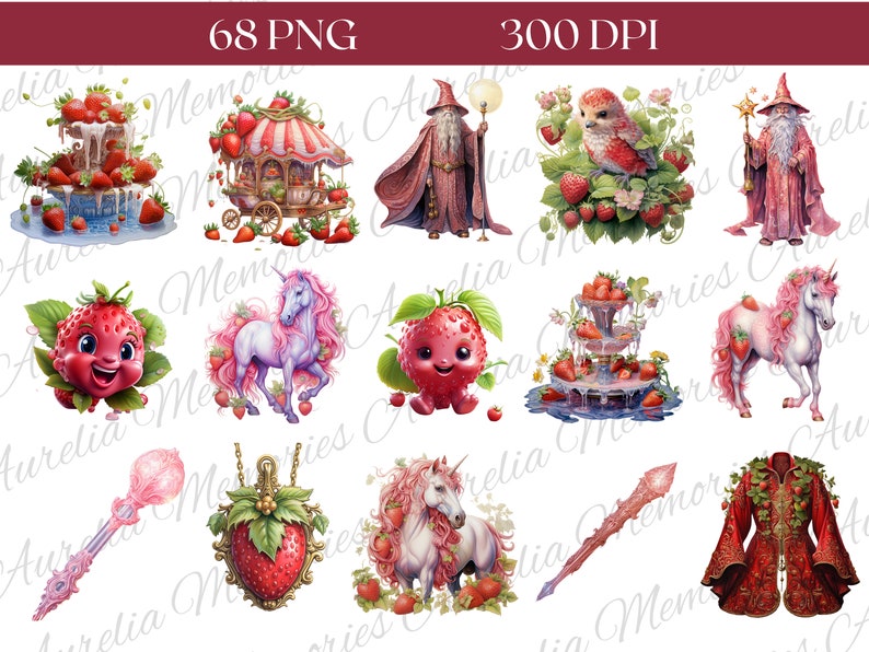 Strawberry Magic Clipart 68 PNG Files Watercolor Strawberry Clipart ...