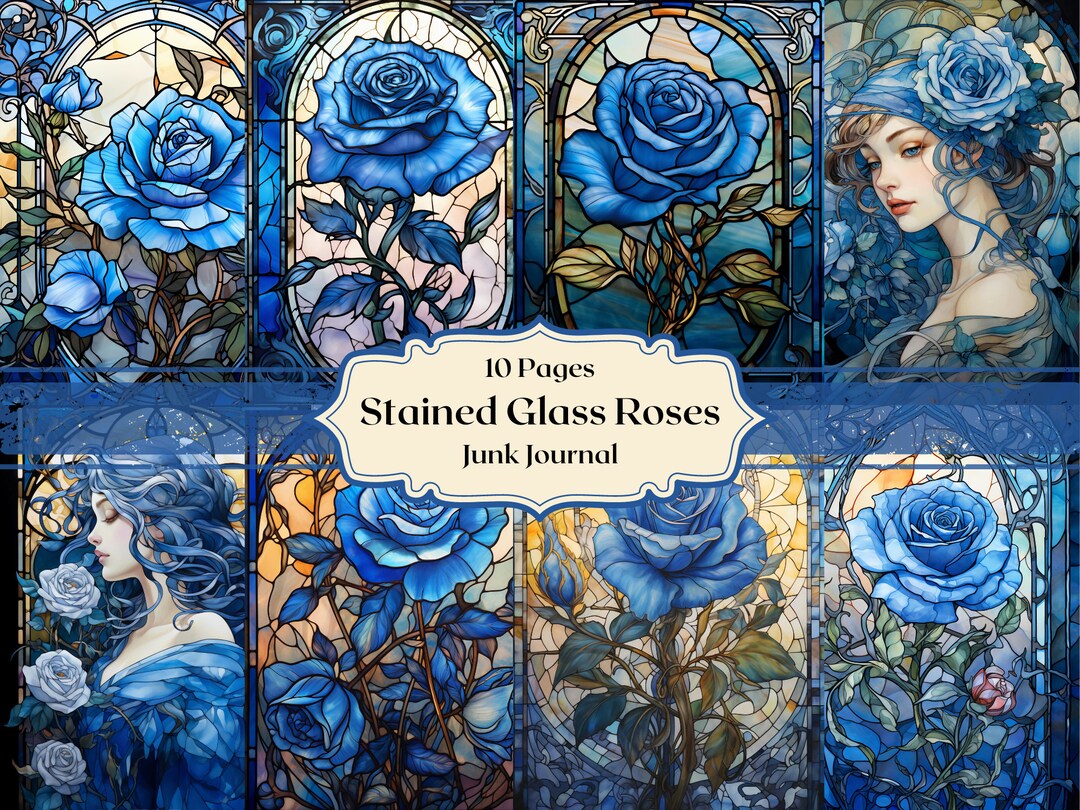 Stained Glass Blue Roses Digital Paper Stained Glass Scrapbooking Paper ...
