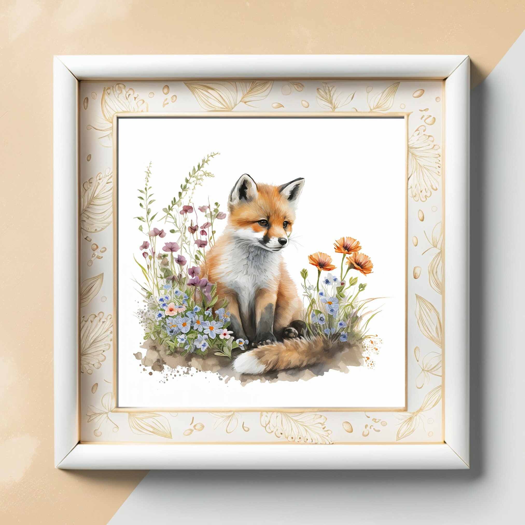 Elegant Fox in Watercolor Flowers Clipart - Digital Download File for ...
