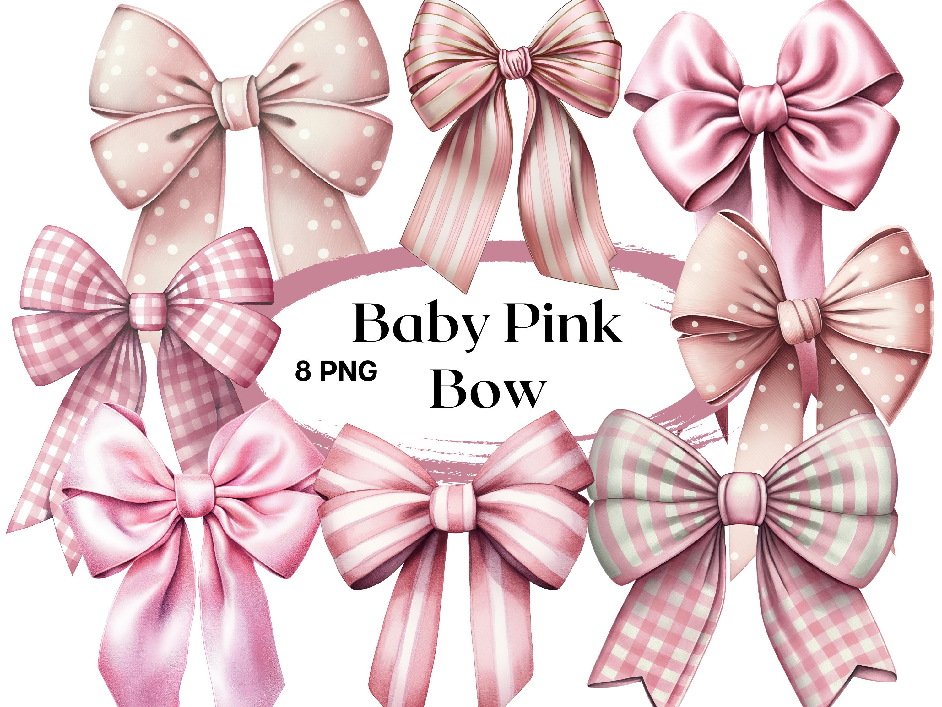 Watercolor Baby Pink Bows Clipart 8 PNG Files Baby Pink Plaid Bow Bow ...