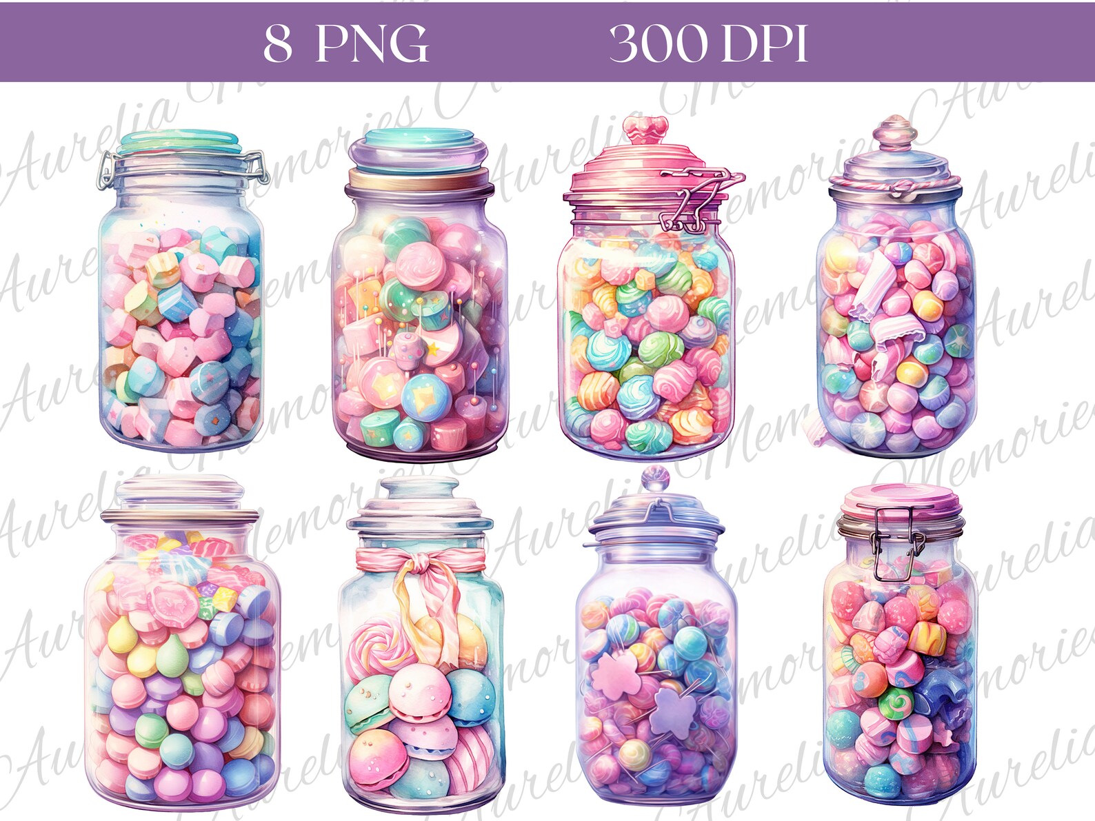 Watercolor Pastel Rainbow Candy Jars Clipart 8 PNG Files Candy Clipart ...