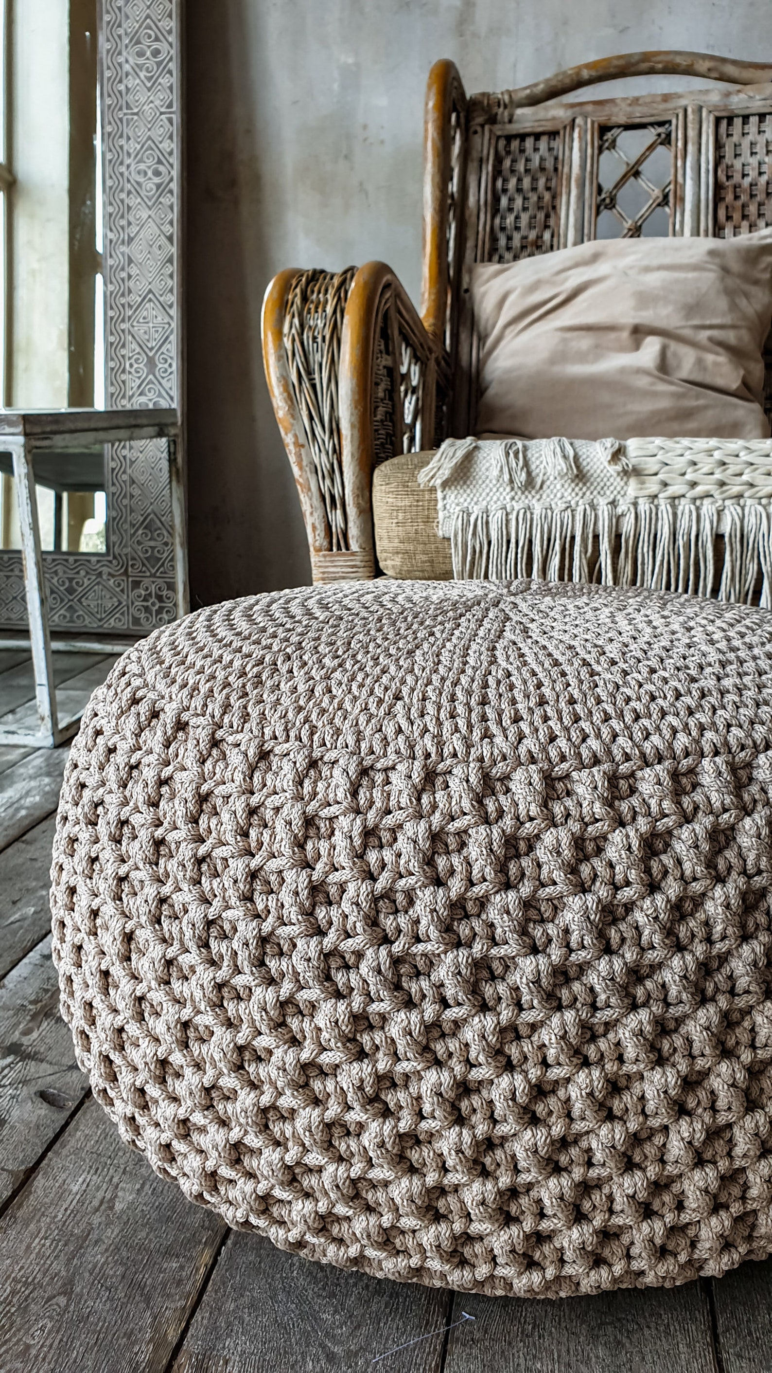 Pattern Crochet Pouf Cover From Cord or T-shirt Yarn, Round Pouf With ...