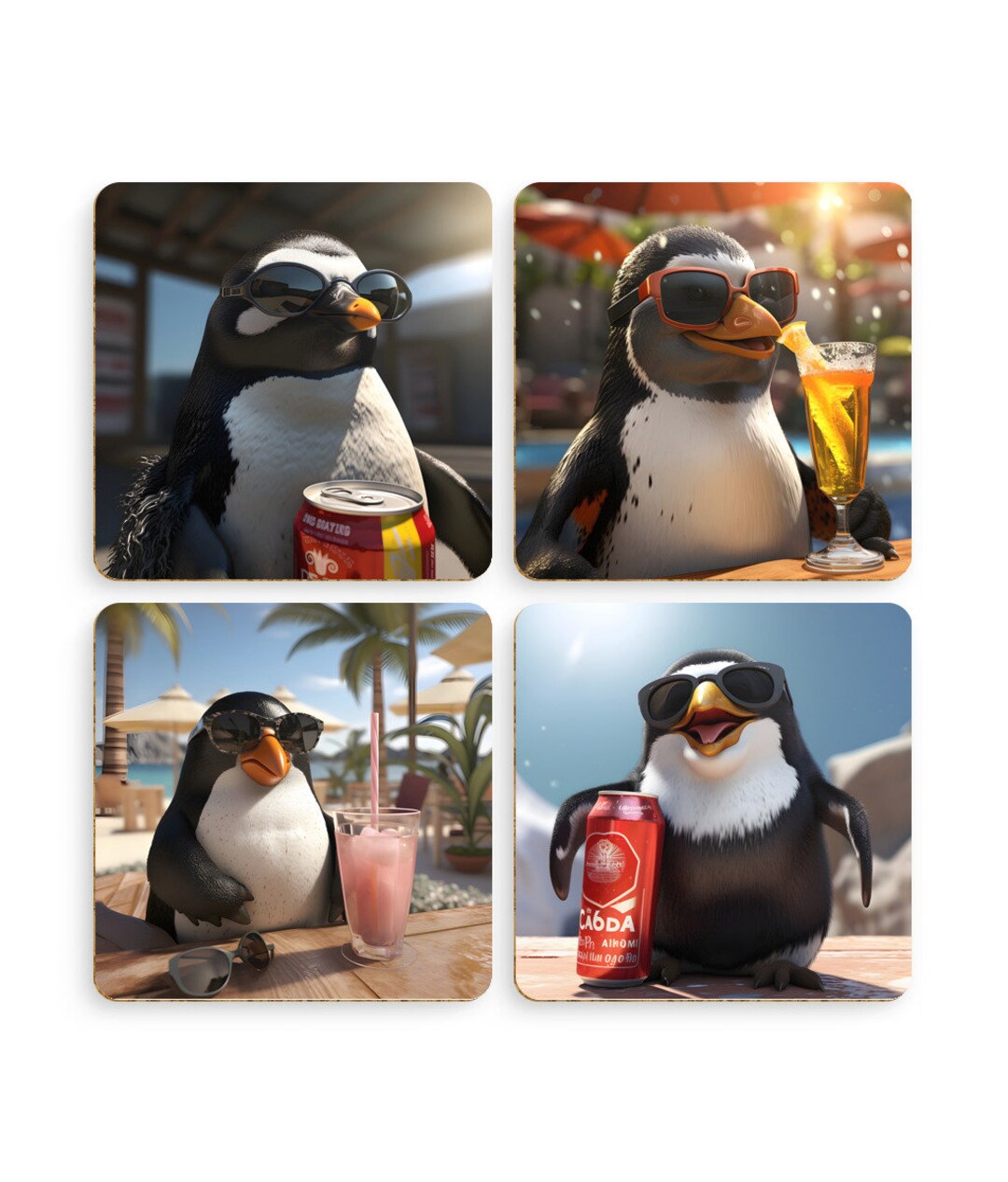 Coaster Set, 4 Cute Penguin Designs Digitally Printed on Cork Drink ...