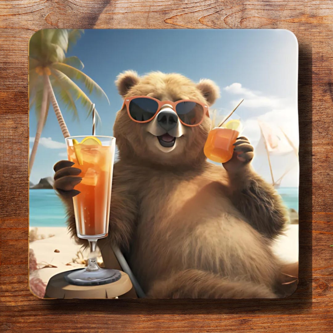 Coaster Set, 4 Funny Bear Designs Digitally Printed on Cork Drink ...