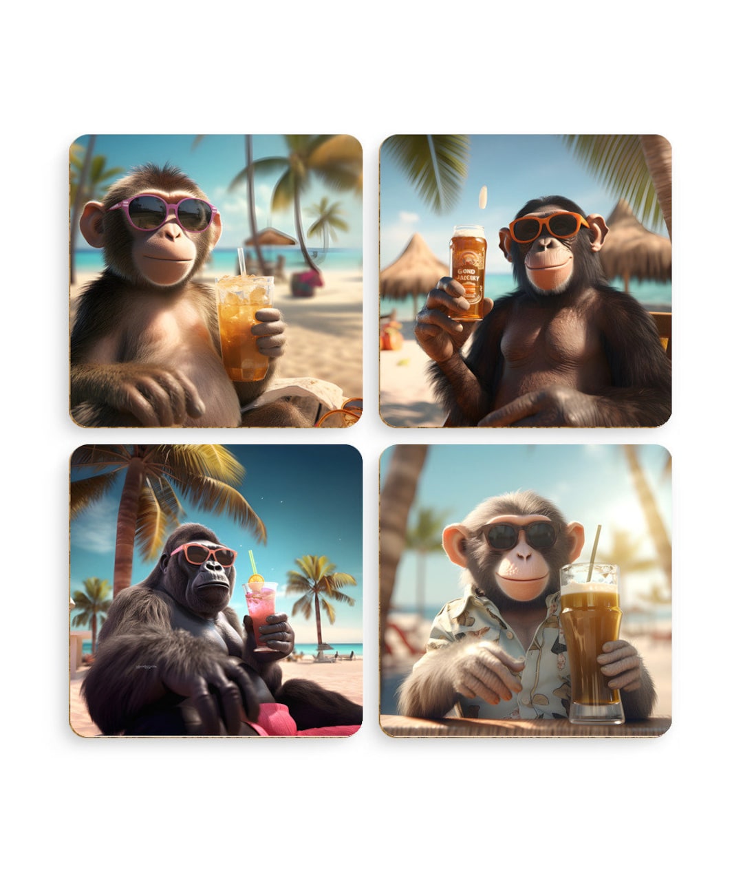 Coaster Set 4 Funny Monkey Designs Digitally Printed on Cork Drink ...
