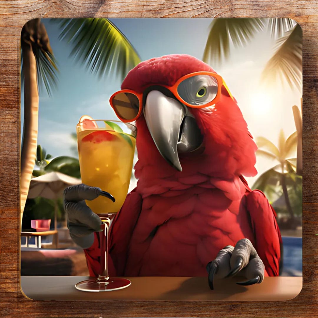 Coaster Set 4 Funny Parrot Designs Digitally Printed on Cork Drink ...