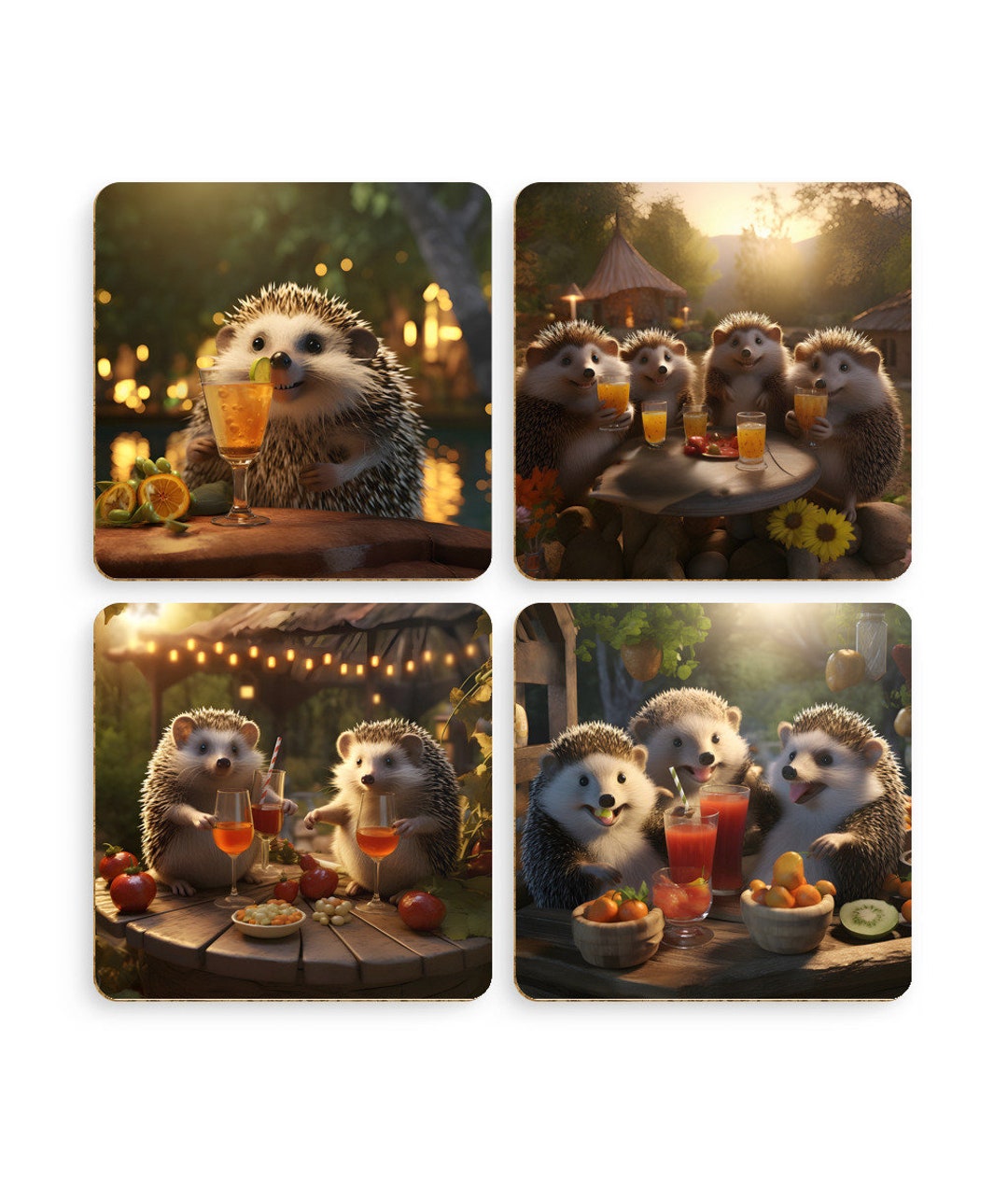 Coaster Set, 4 Cute Hedgehog Designs Digitally Printed on Cork Drink ...