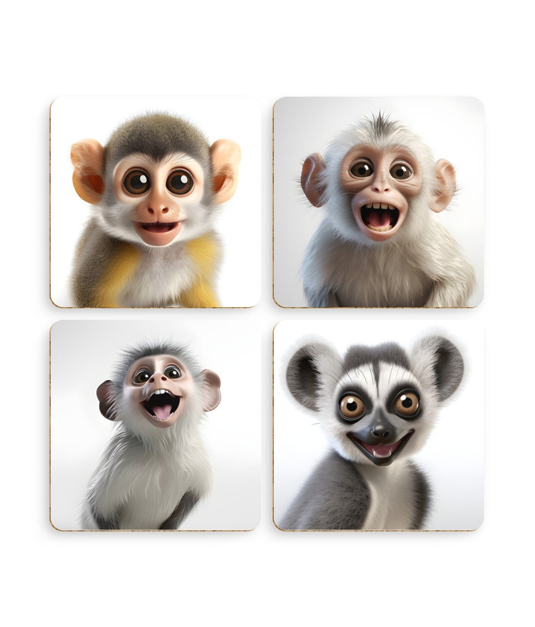 Coaster Set, 4 Funny Monkey Face Designs Digitally Printed on Cork ...