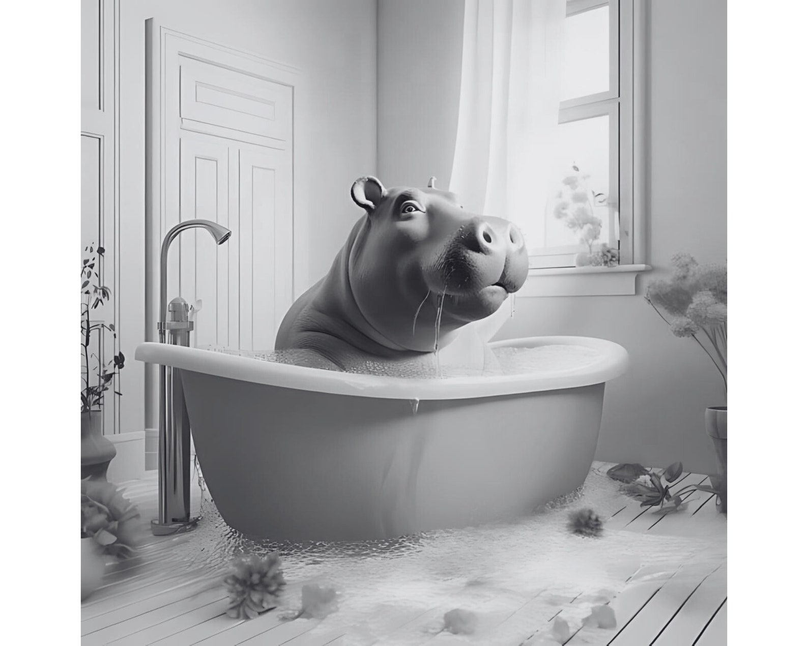 Fun, Cute Hippo in Bath Tub Printable Wall Art/hippo Picture /hippo Art ...