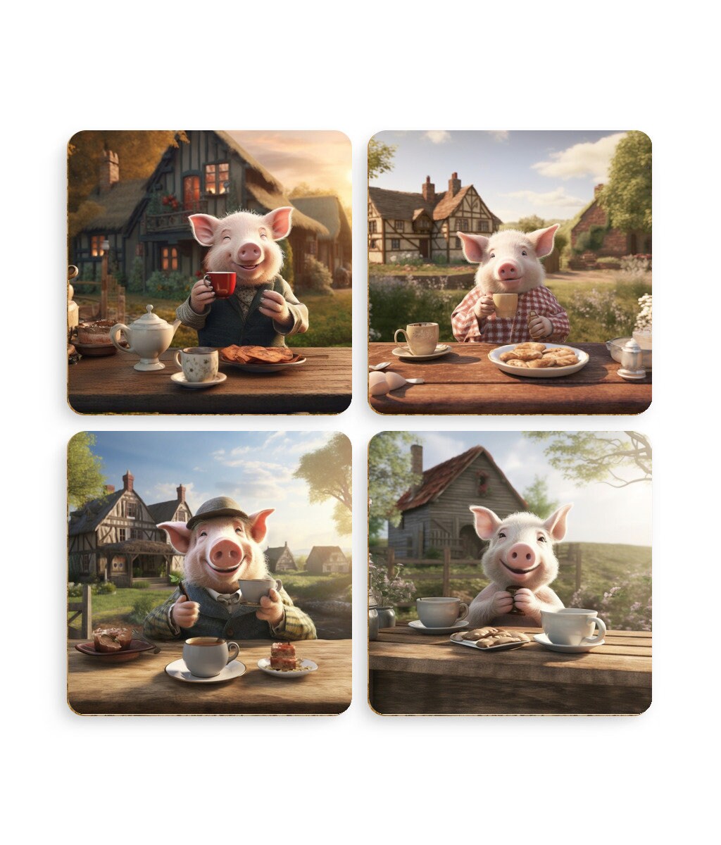 Coaster Set 4 Funny Pig Designs Digitally Printed Cork Drink Coasters ...