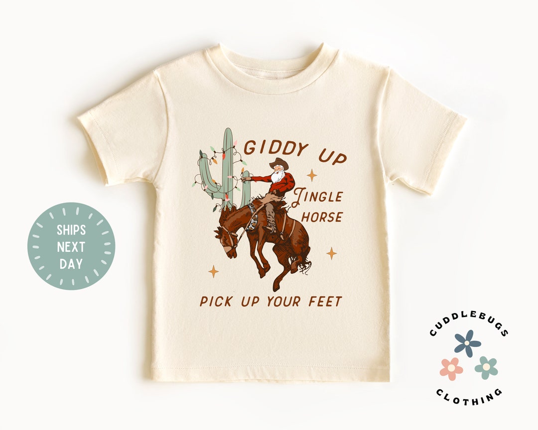 Giddy up Jingle Horse Kids Christmas Shirt - Vintage Retro Cowboy Santa ...