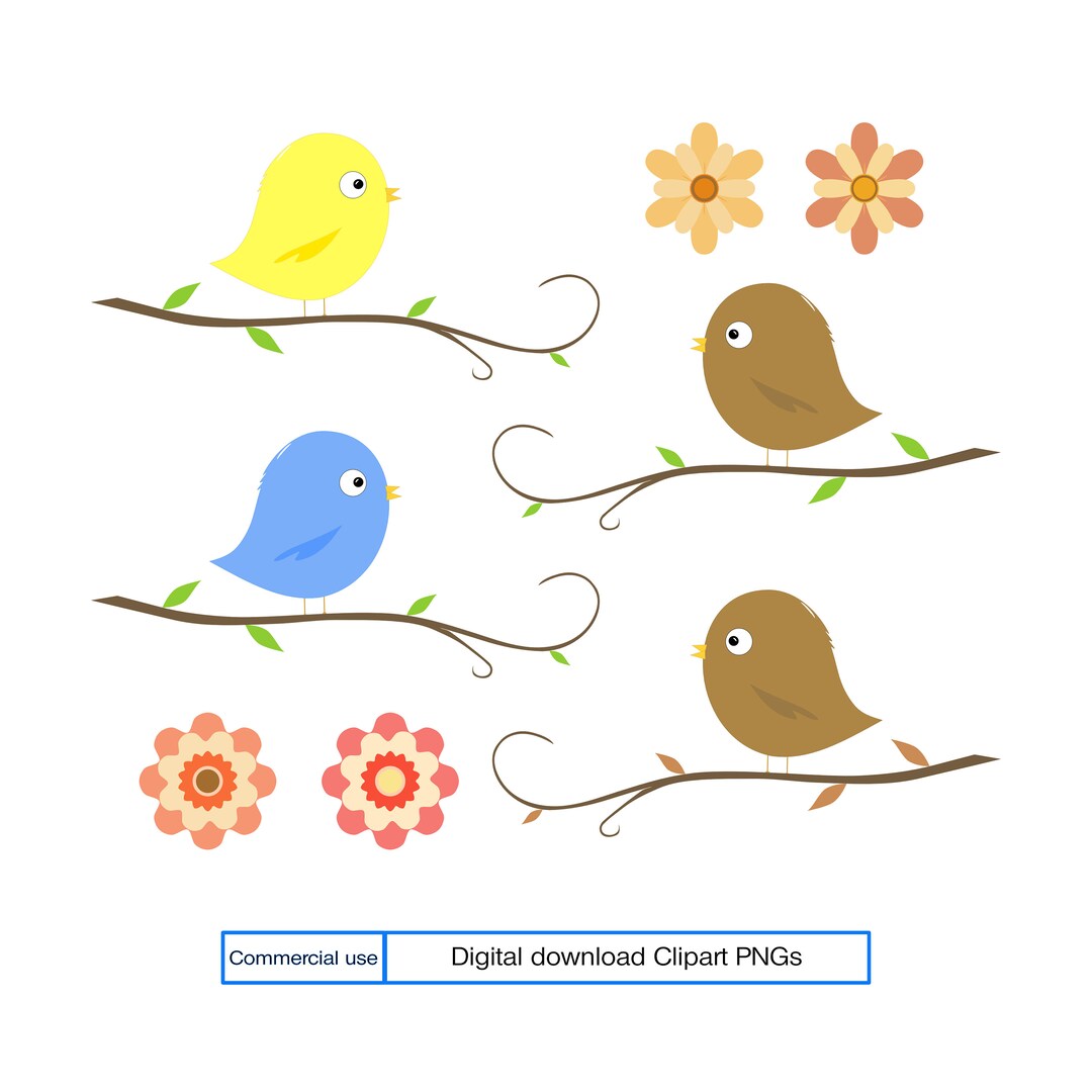 Birds Clipart, Garden Birds, Birds and Flowers, Birds Set of 4, Clip ...