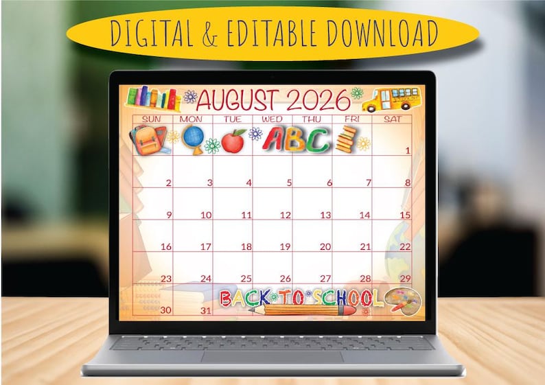 Editable August 2026 Calendar | Watercolor Back to School (digital ...