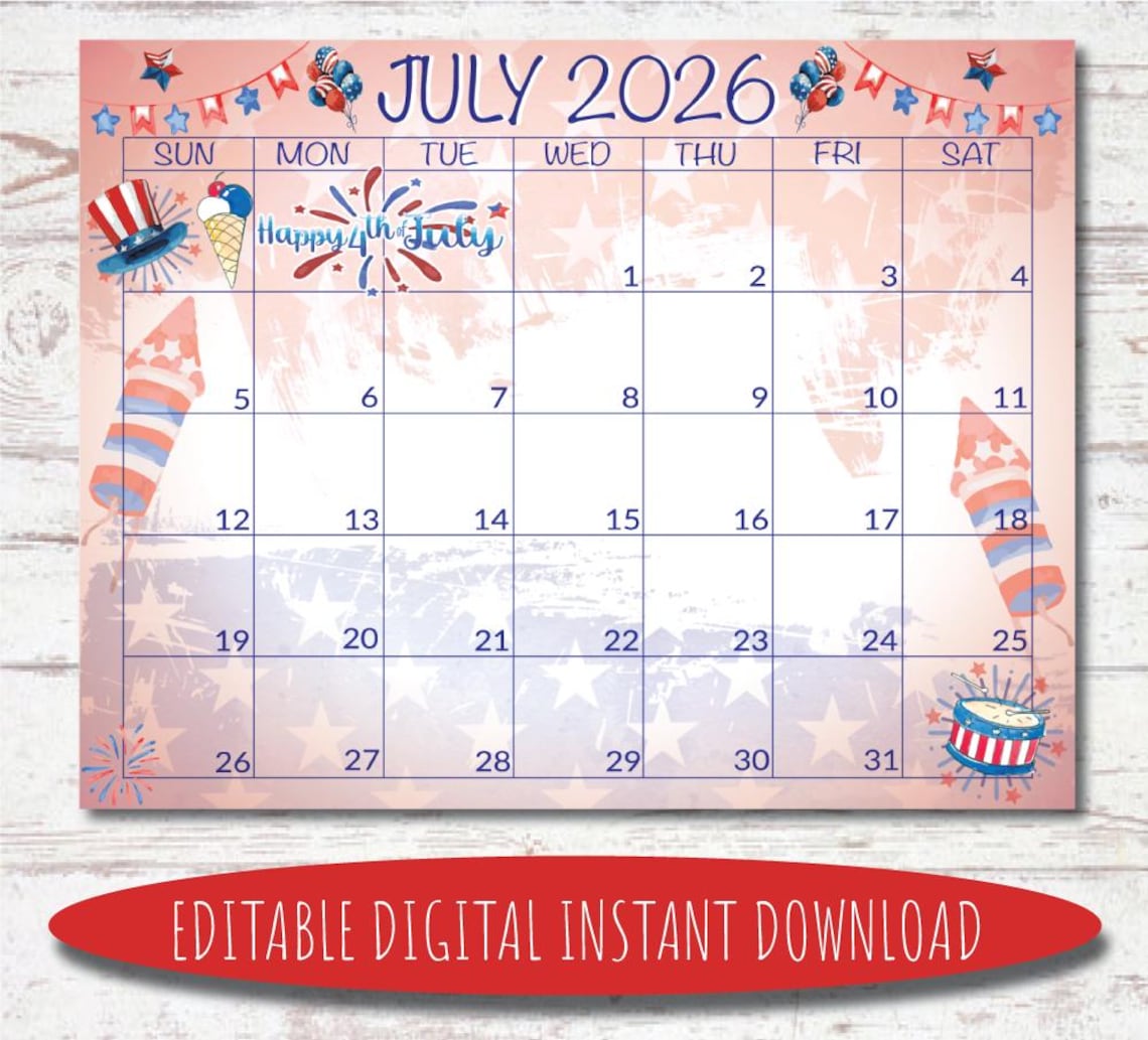 Editable July 2026 Calendar | Watercolor Patriotic Design (digital ...