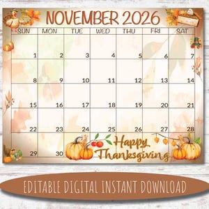 Editable November 2026 Calendar | Watercolor Thanksgiving Theme ...