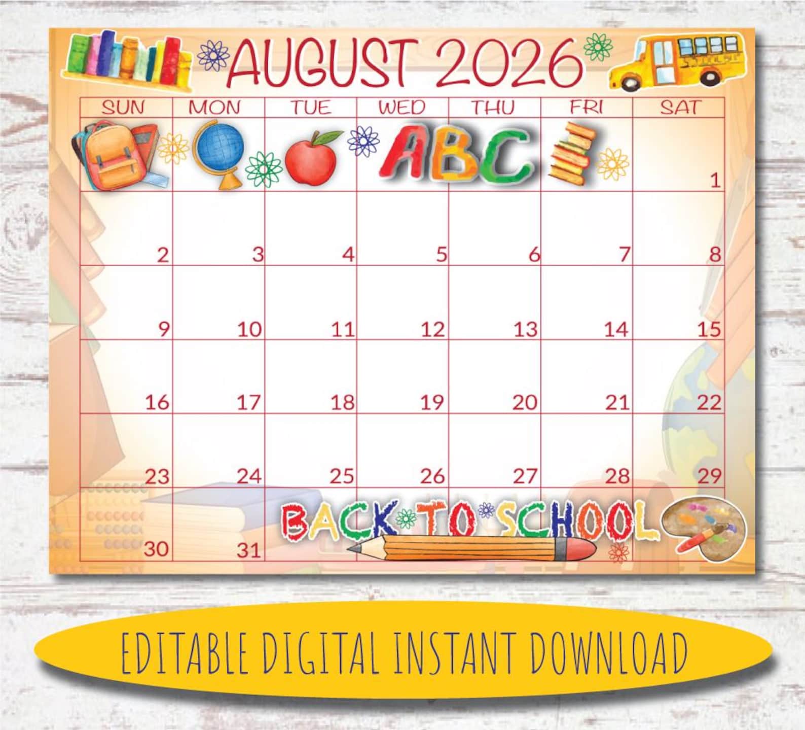 Editable August 2026 Calendar | Watercolor Back to School (digital ...