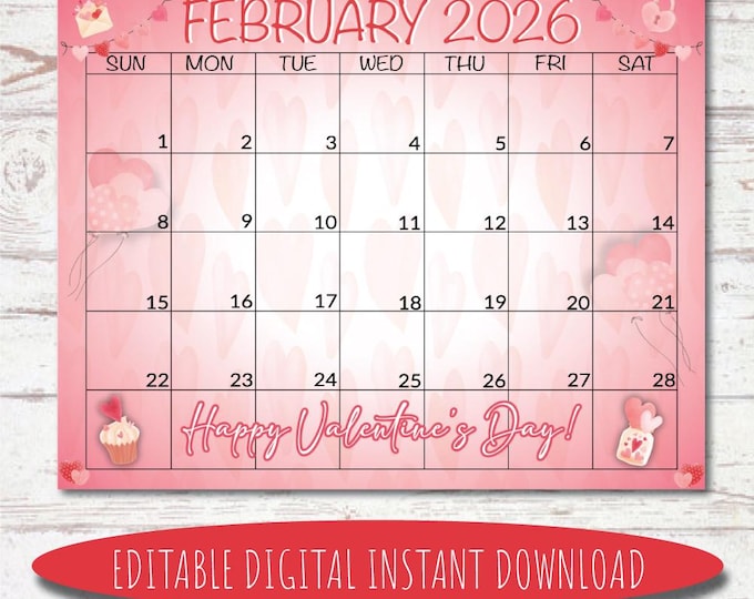 February 2026 Digital Calendar: Pink Valentine's Planner (PDF, PNG, JPG ...
