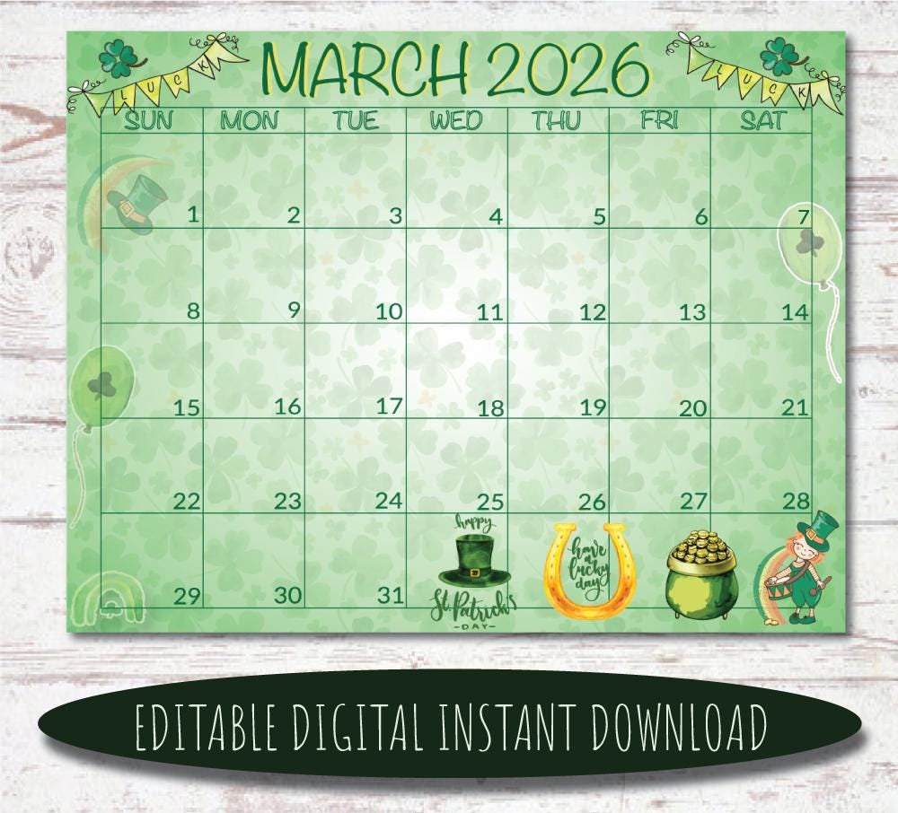 Watercolor March 2026 Calendar | St. Patrick's Day (digital Download ...