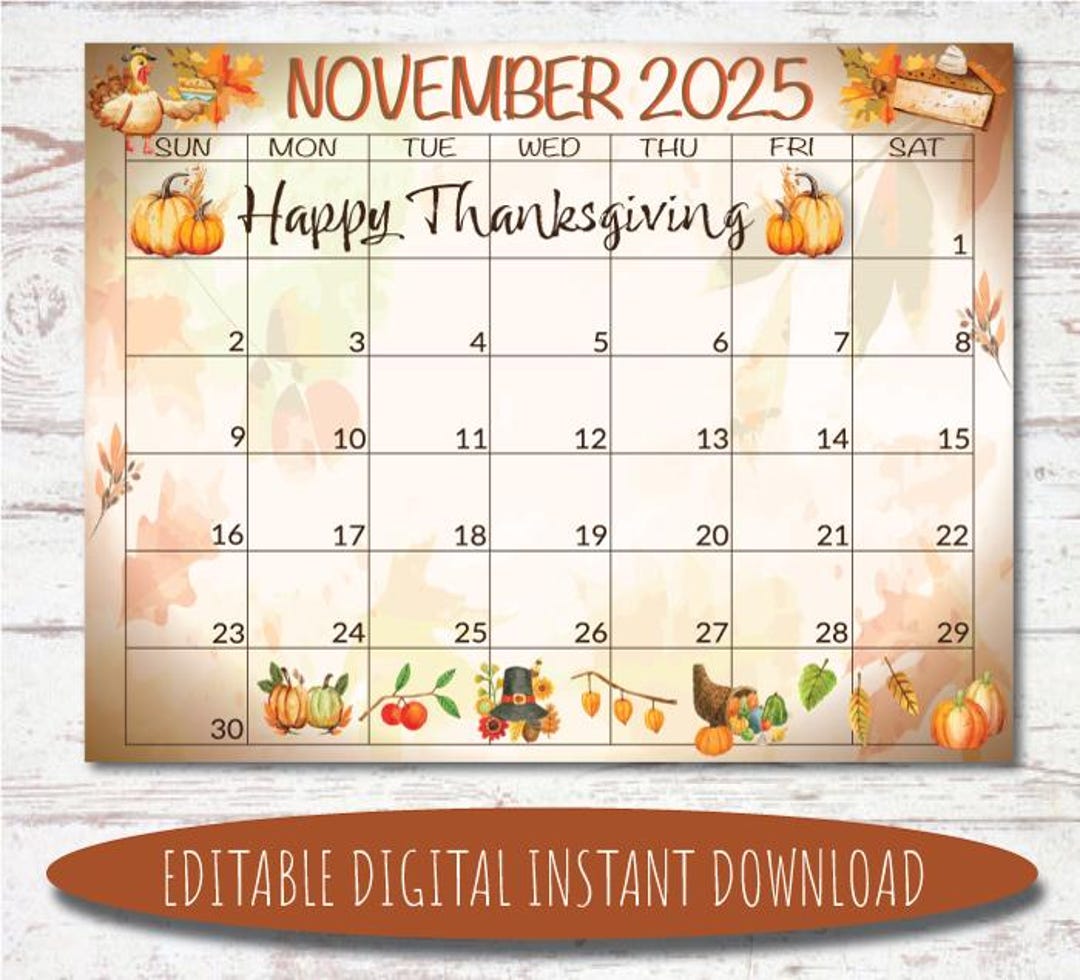 Watercolor Thanksgiving Calendar November 2025 | Editable PDF ...