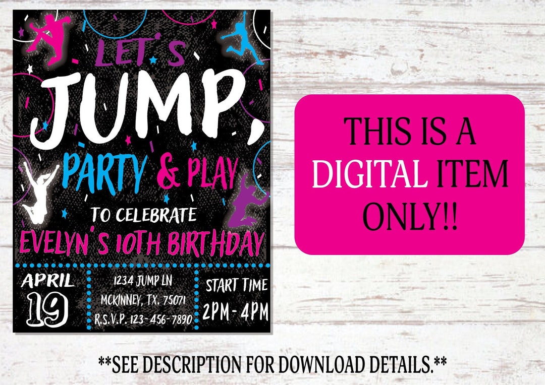 Trampoline Birthday Invitation for Girls | Jump Party (digital Download ...