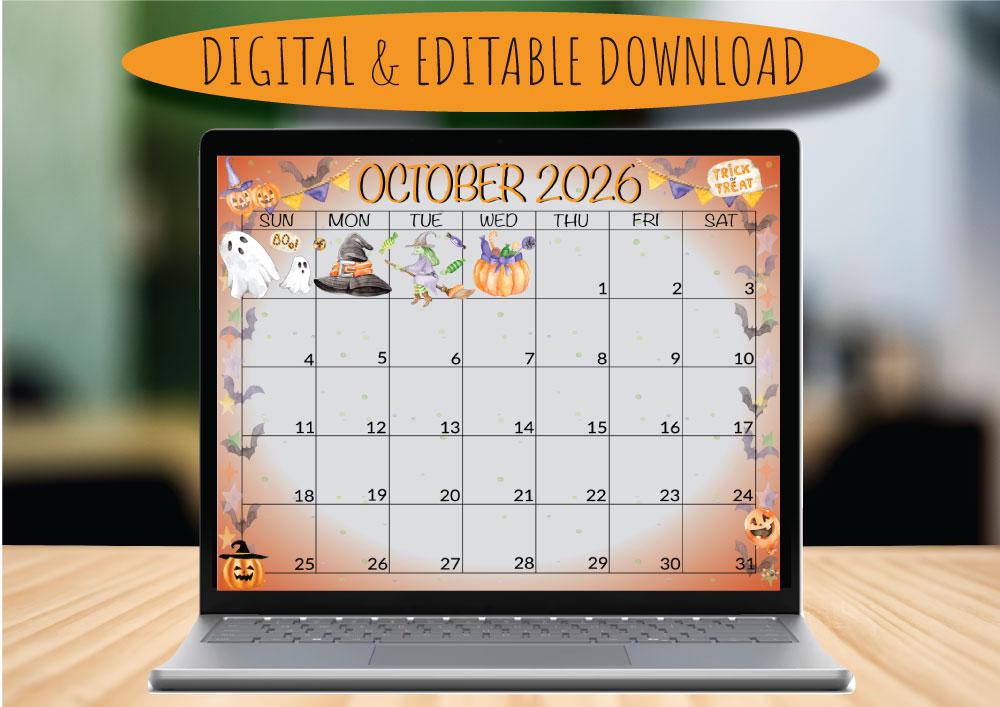 October 2026 Watercolor Calendar | Halloween Theme (digital Download ...