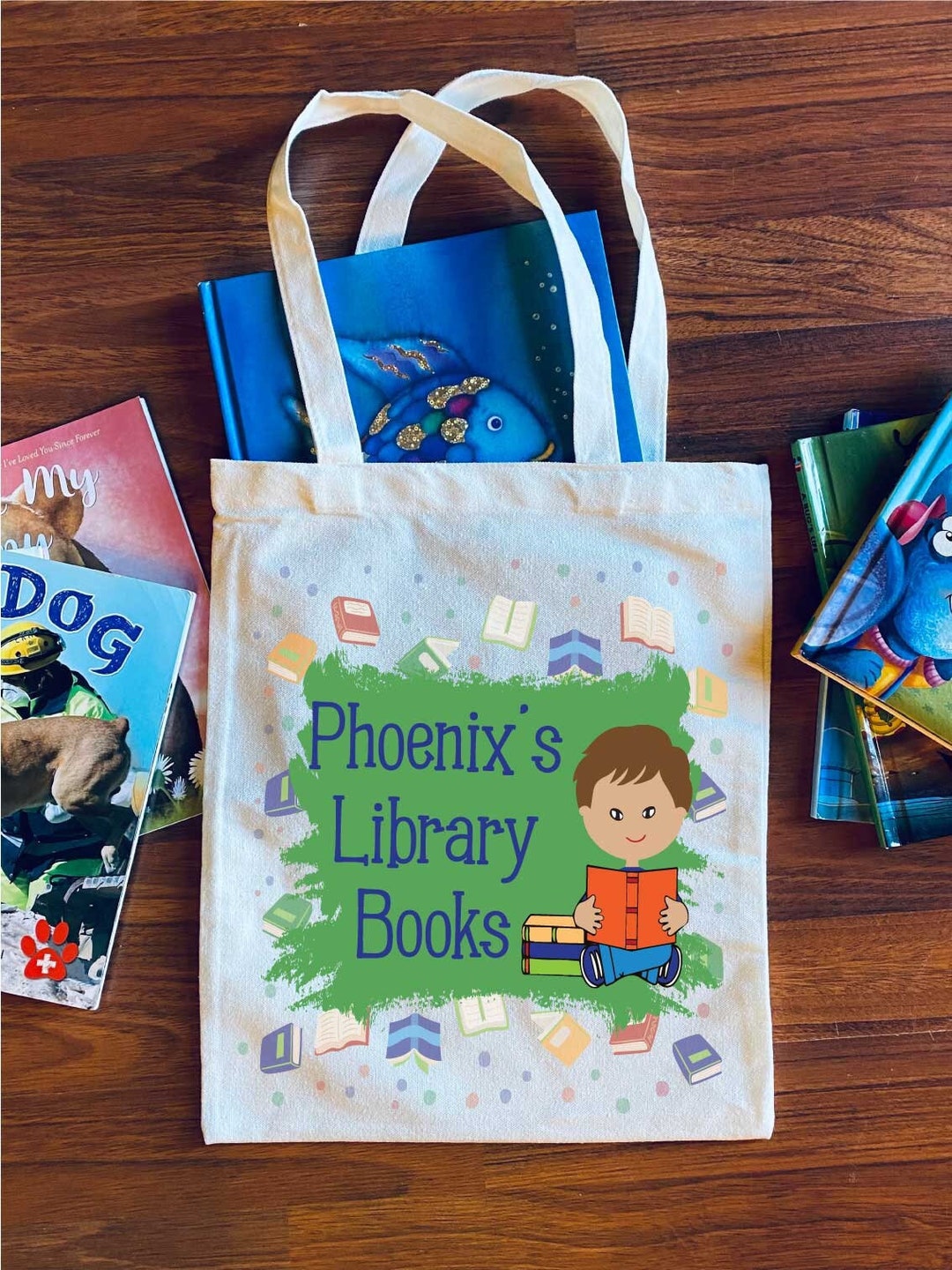 Boys Library Tote Bag | Personalized Library Bag | Custom Book Bag ...