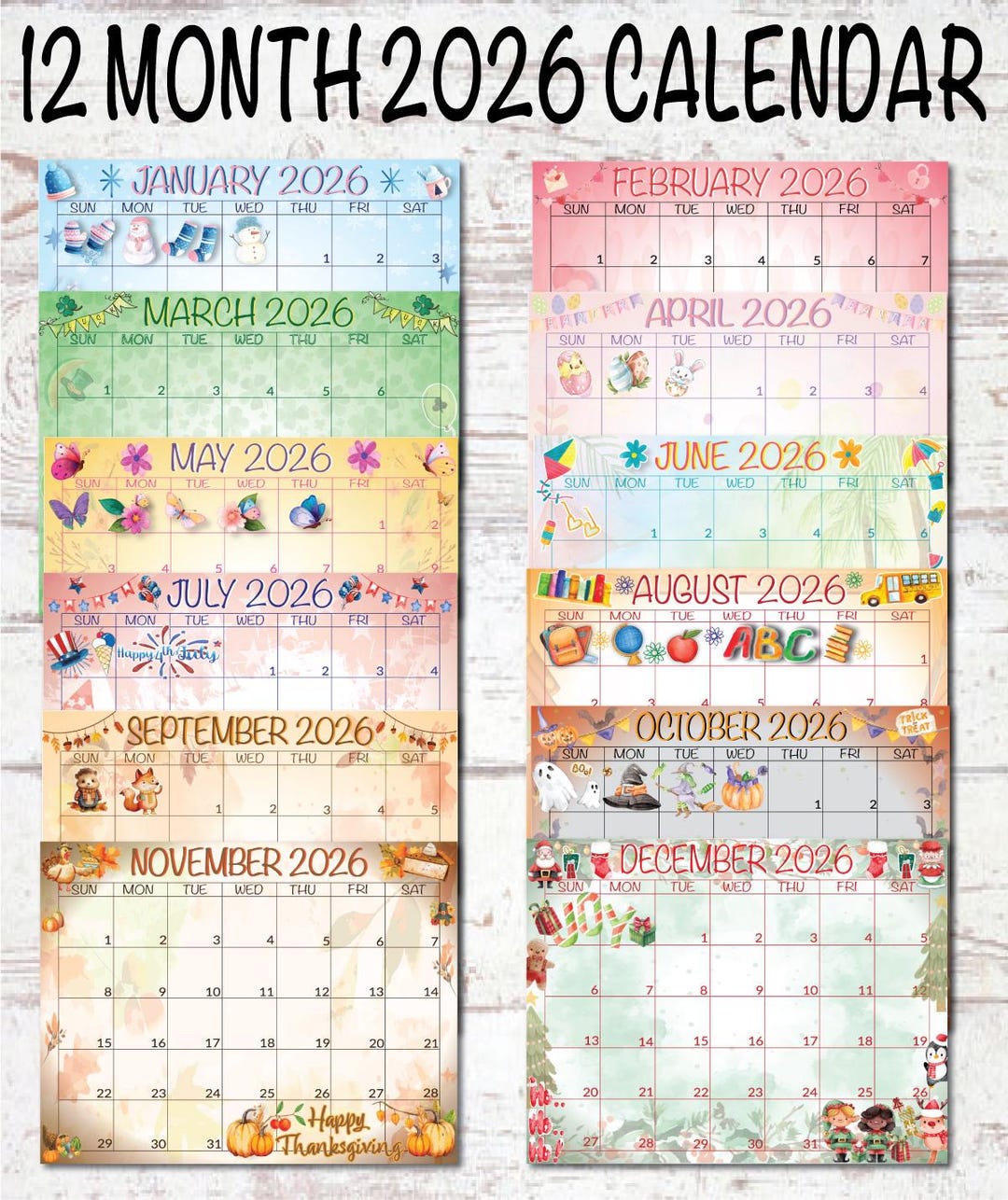 Editable 12 Month Calendar 2026 | Digital Calendar | Printable Calendar ...