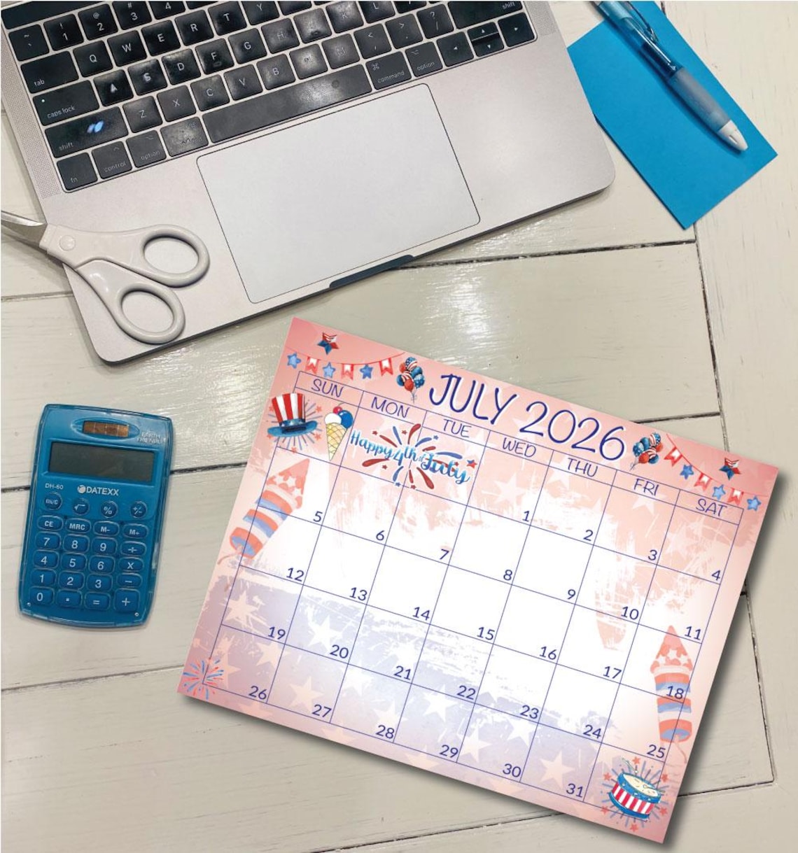 Editable July 2026 Calendar | Watercolor Patriotic Design (digital ...
