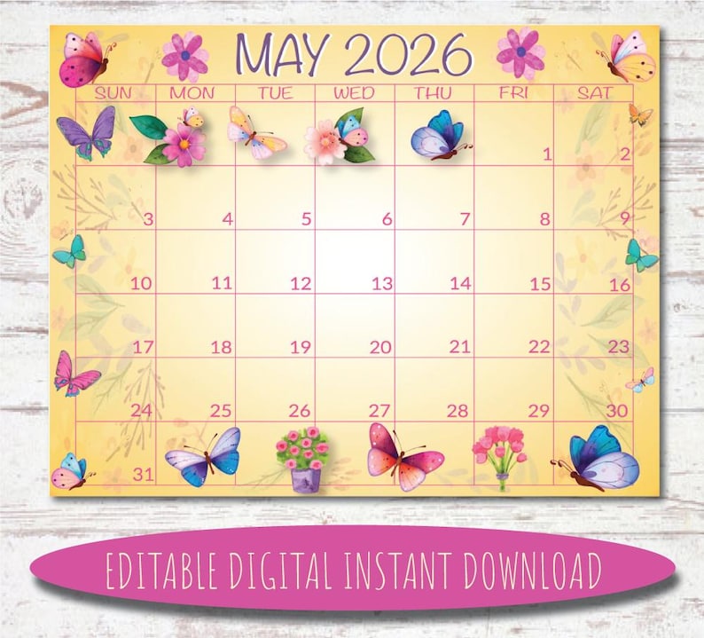 Watercolor May 2026 Calendar | Editable Printable (digital Download) - Etsy