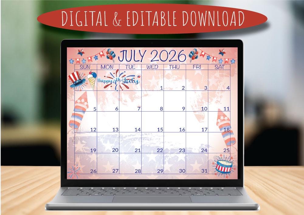 Editable July 2026 Calendar | Watercolor Patriotic Design (digital ...