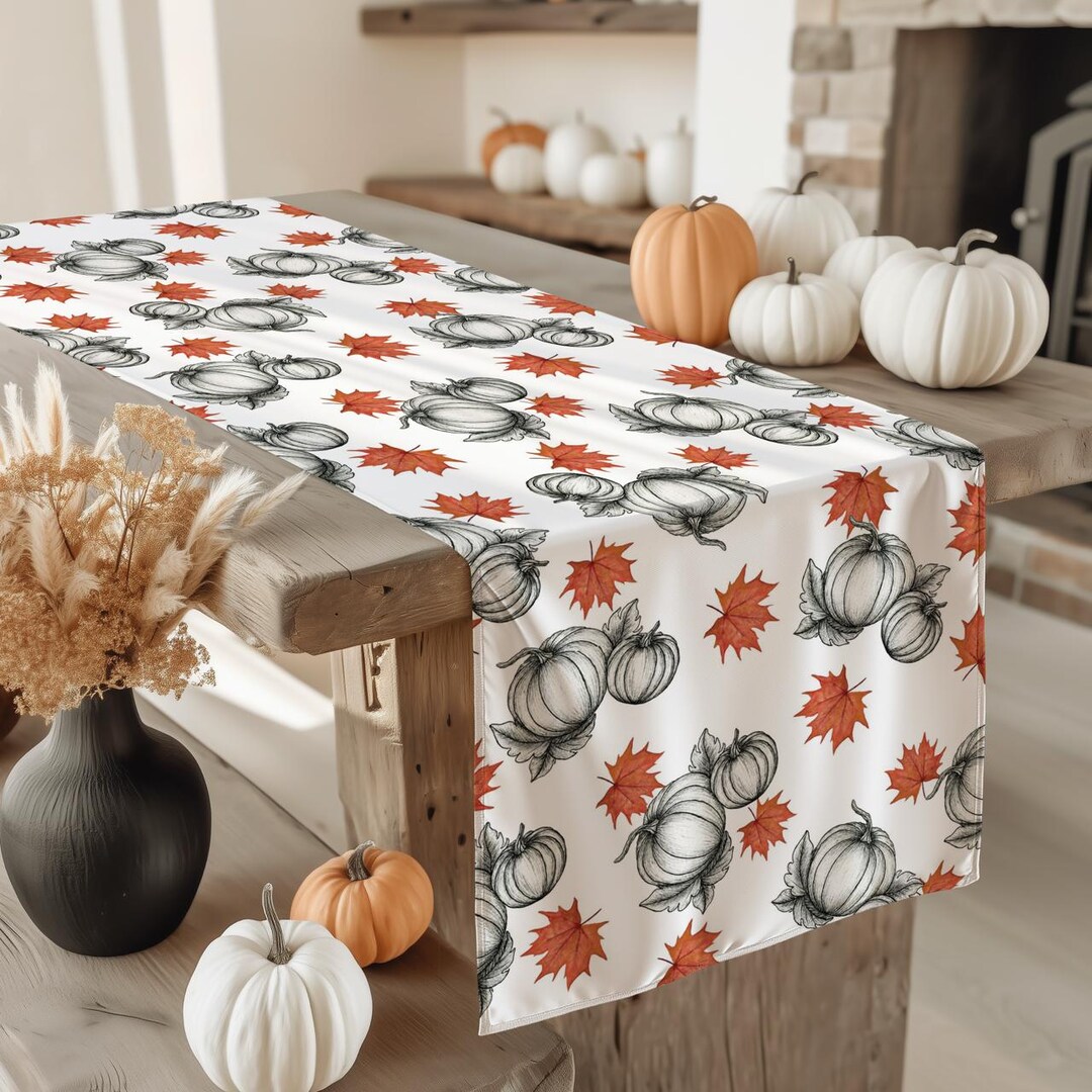 Fall Table Runner With Pumpkins and Maple Leaves, Sketch Style Pumpkin ...