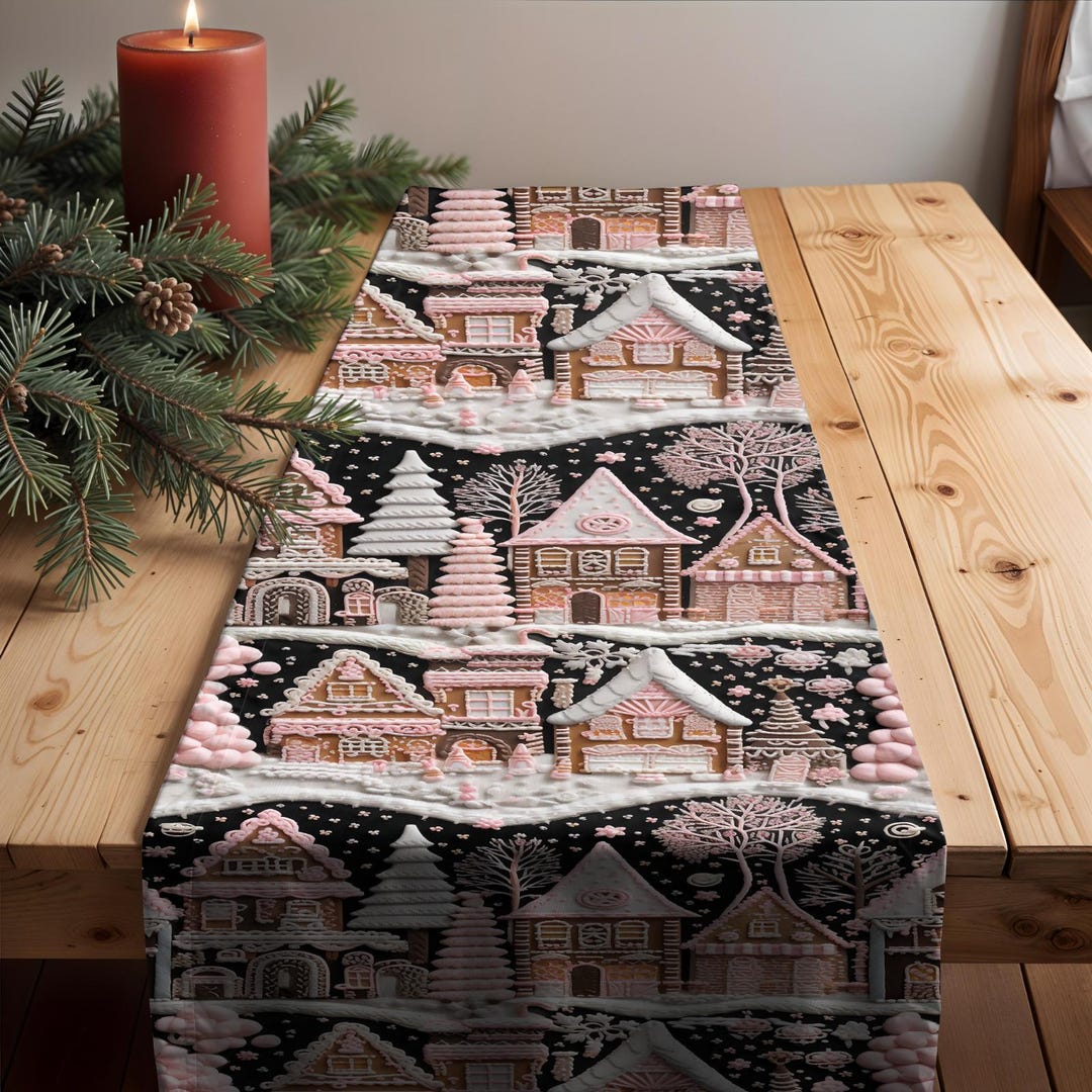 Gingerbread Village Table Runner, Pink and Black Gingerbread House ...
