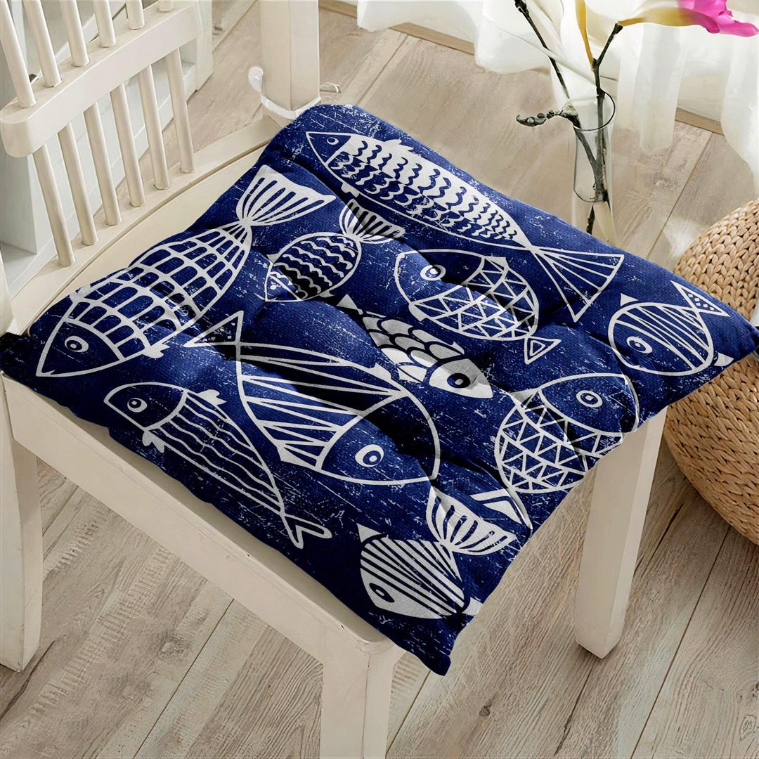 Fish Pattern Chair Cushion,navy Blue Chair Cushion,navy Blue Fish ...