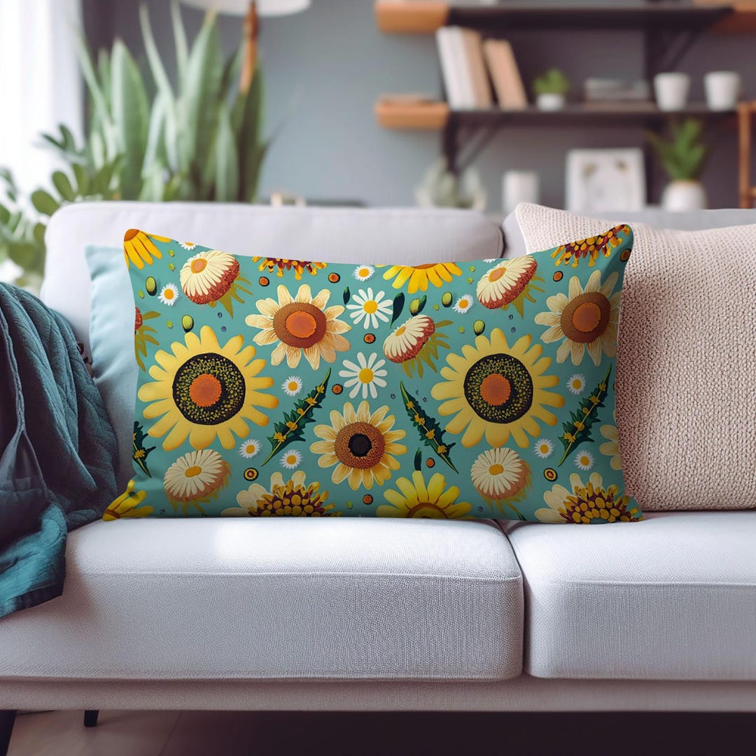 Sunflower Pattern Rectangular Throw Pillow Cover, Elegant Blue Flower Pillow Cover, Colorful ...