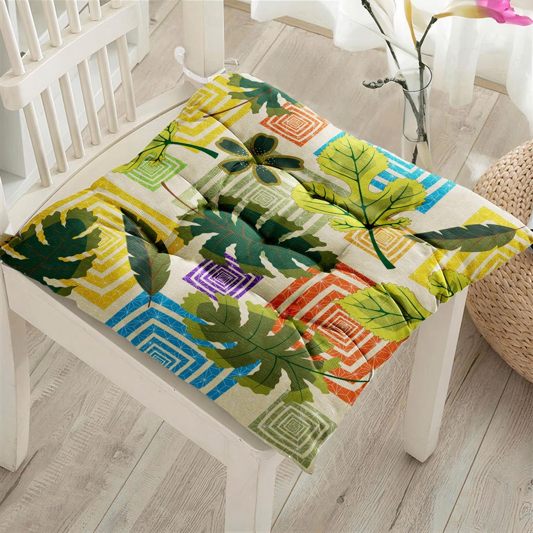 Tropical Leaf and Geometric Pattern Chair Cushion, Abstract Patterned ...