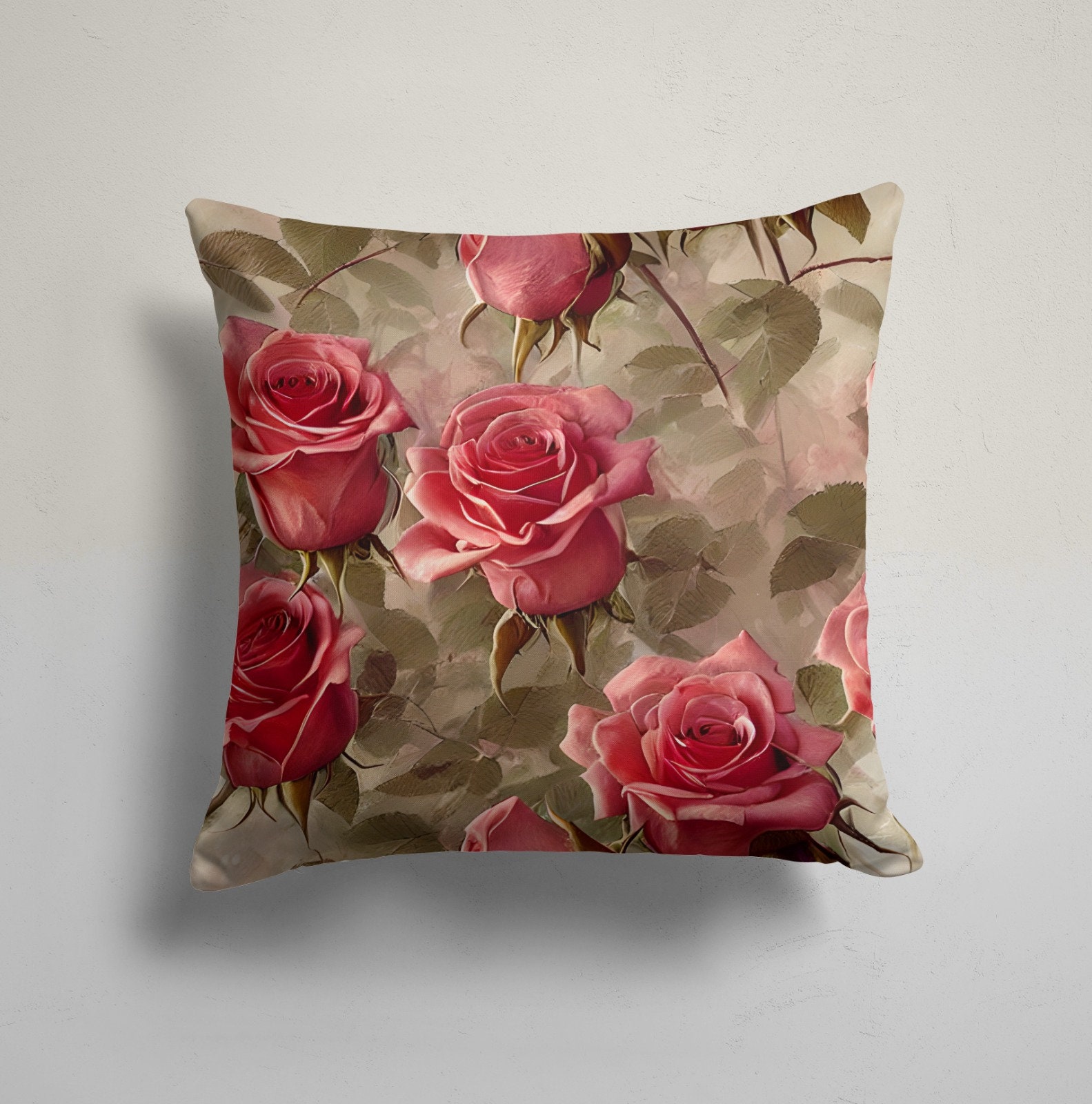 Classic Rose Garden Throw Pillow, Romantic Pink & Red Rose Pillow Cover ...