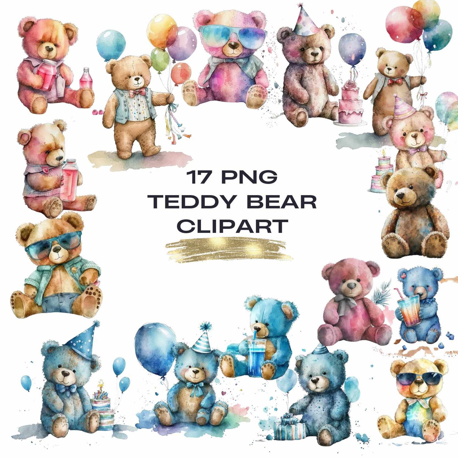 Teddy Bear Clipart 17 Pngs Bundle, Watercolor Teddy Bear Clipart ...