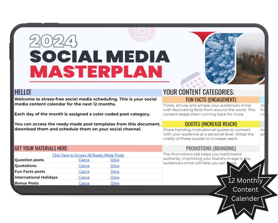 Social Media Content Calendar, Digital Content Planning Spreadsheet ...