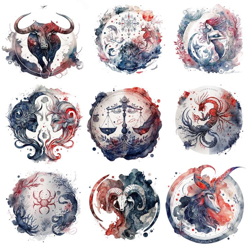 12 Zodiac Signs PNG Clipart Bundle, Horoscope Design, Star Design Sign ...